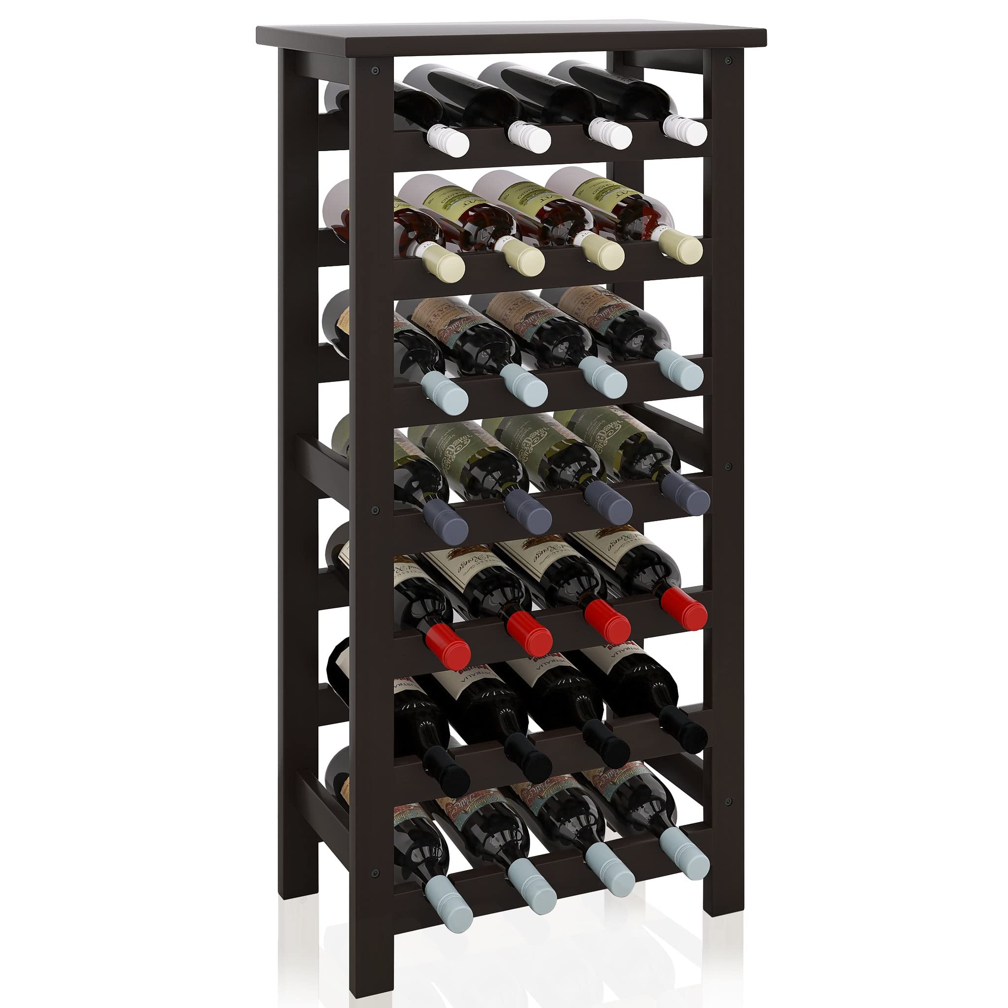 SMIBUY Bamboo Wine Rack, 28 Bottles Display Holder with Table Top, 7-Tier Free Standing Storage Shelves for Kitchen, Pantry, Cellar, Bar (Dark Brown)