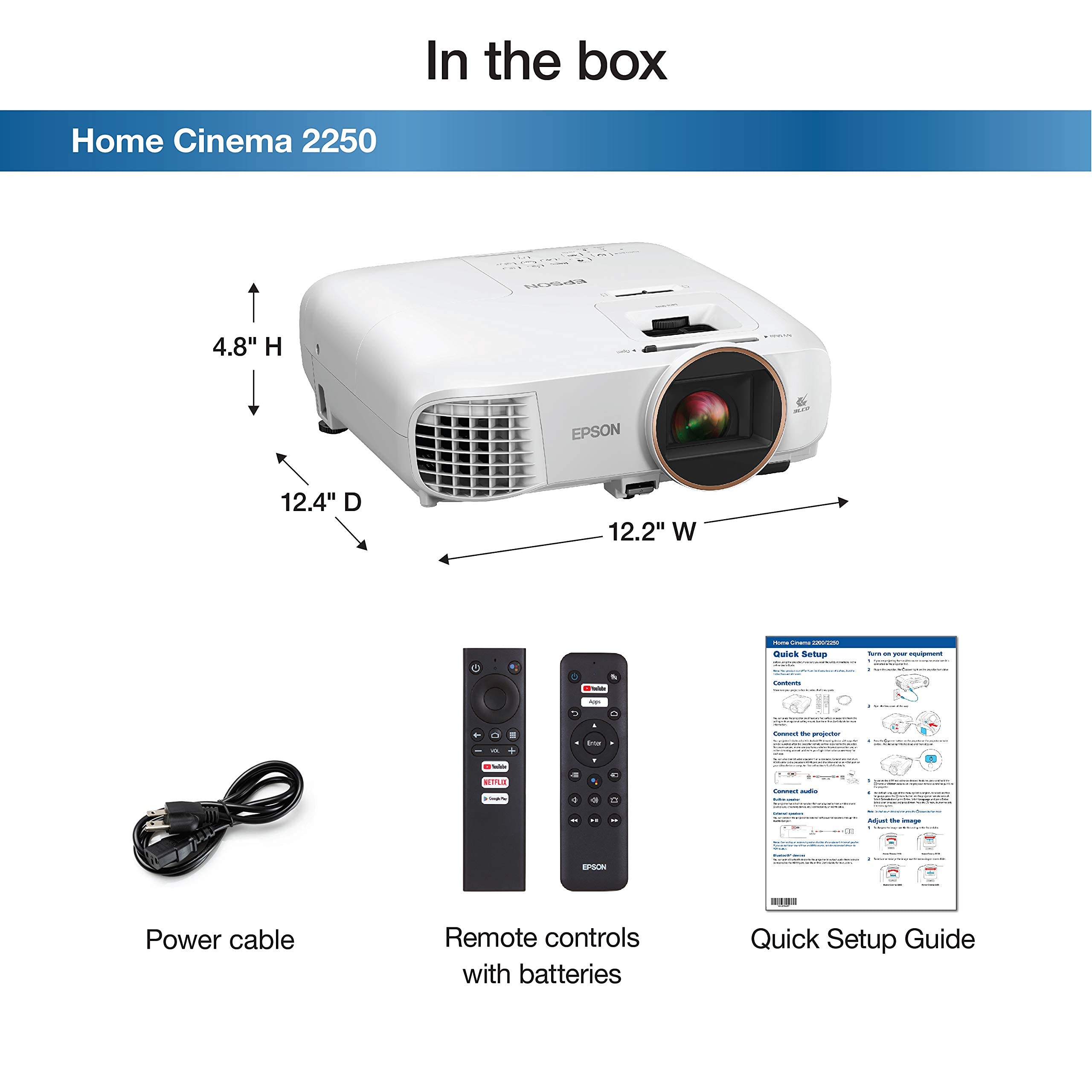 Epson Home Cinema 2250 2700-Lumen Full HD 3LCD Smart Home Theater Projector (Renewed)