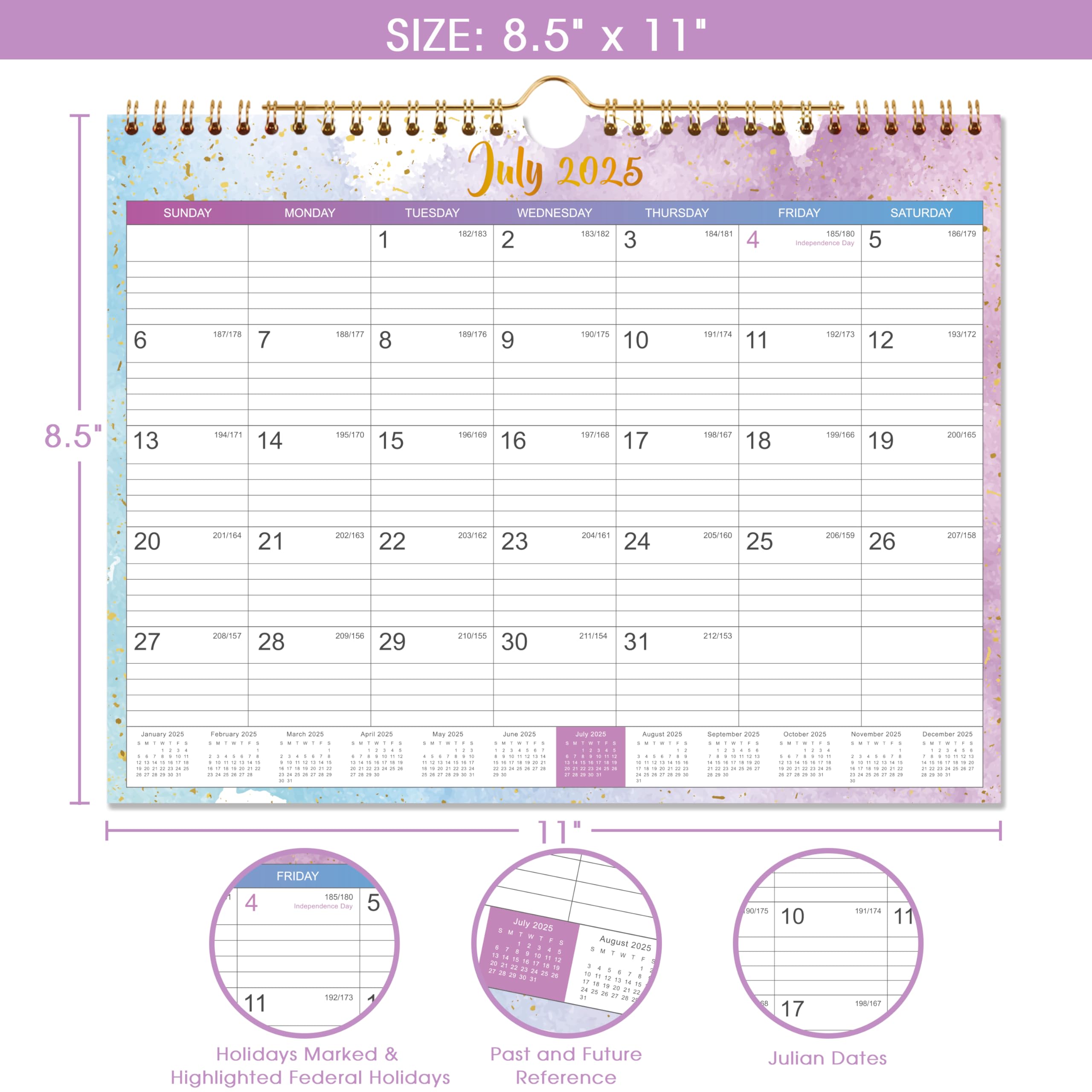 2025 Calendar - Wall Calendar 2025, Jan. 2025 to Dec. 2025, 11" x 8.5", 12 Monthly Wall Calendar 2025 with Julian Date - Waterink