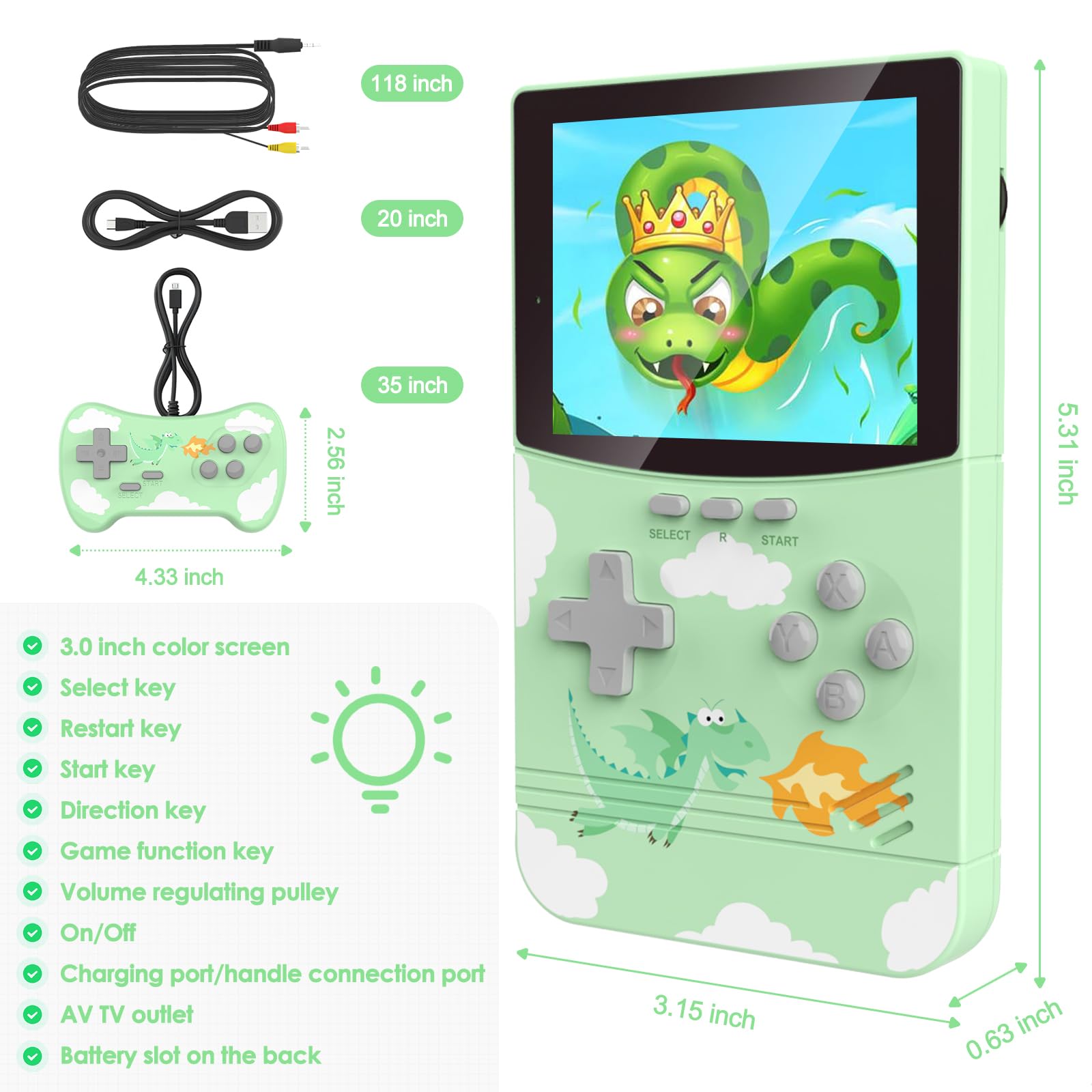 Aibrisk Dinosaur Retro Handheld Game Console with 500 Classic FC Games, 3.0 inches HD Screen Portable 1020mAh Battery Rechargeable Video, Support TV & Two Players Present for Kids & Adults (Green)