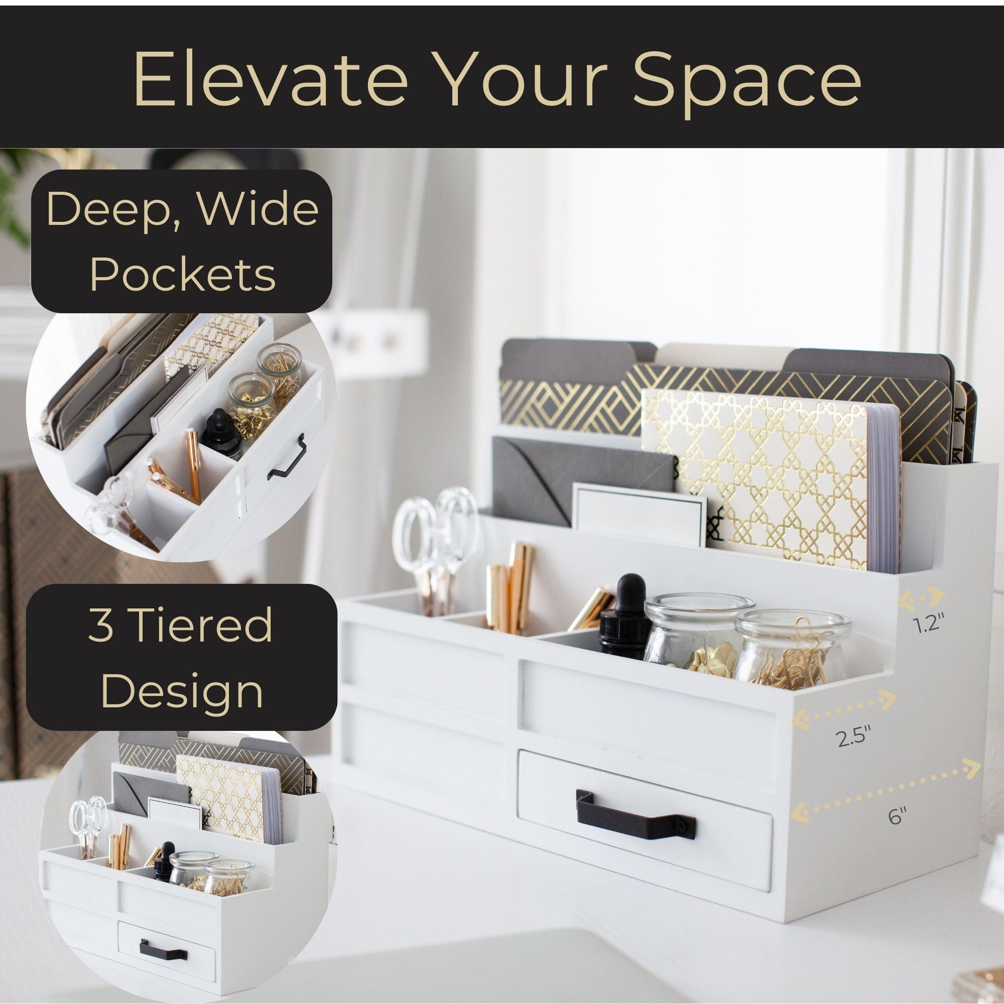 Blu Monaco White Desktop Organizer with Drawer & Pen Holder - Desk Organizers and Storage - Paper Organizer - Wood Bill Organizer for Desk - Mail Holder for Office Desk Organization Art Supply Storage