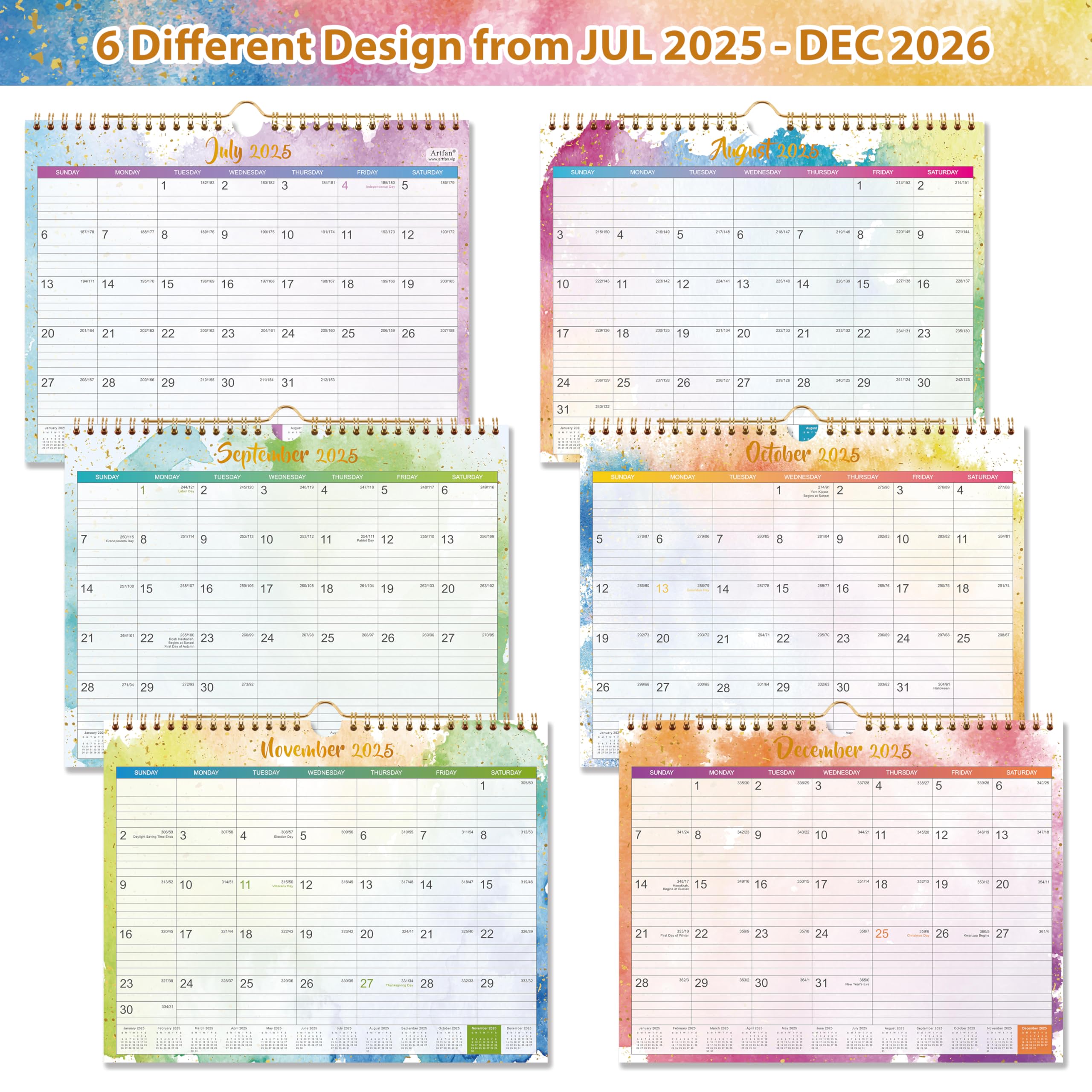 2025 Calendar - Wall Calendar 2025, Jan. 2025 to Dec. 2025, 11" x 8.5", 12 Monthly Wall Calendar 2025 with Julian Date - Waterink