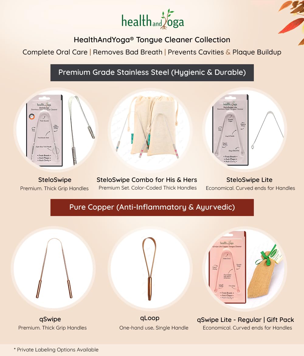 HealthAndYoga™ qSwipe Copper Tongue Cleaner Scraper - Hygienic, Non-Synthetic Grip – Tongue Brush Cleaner (Copper - 2-Pack)
