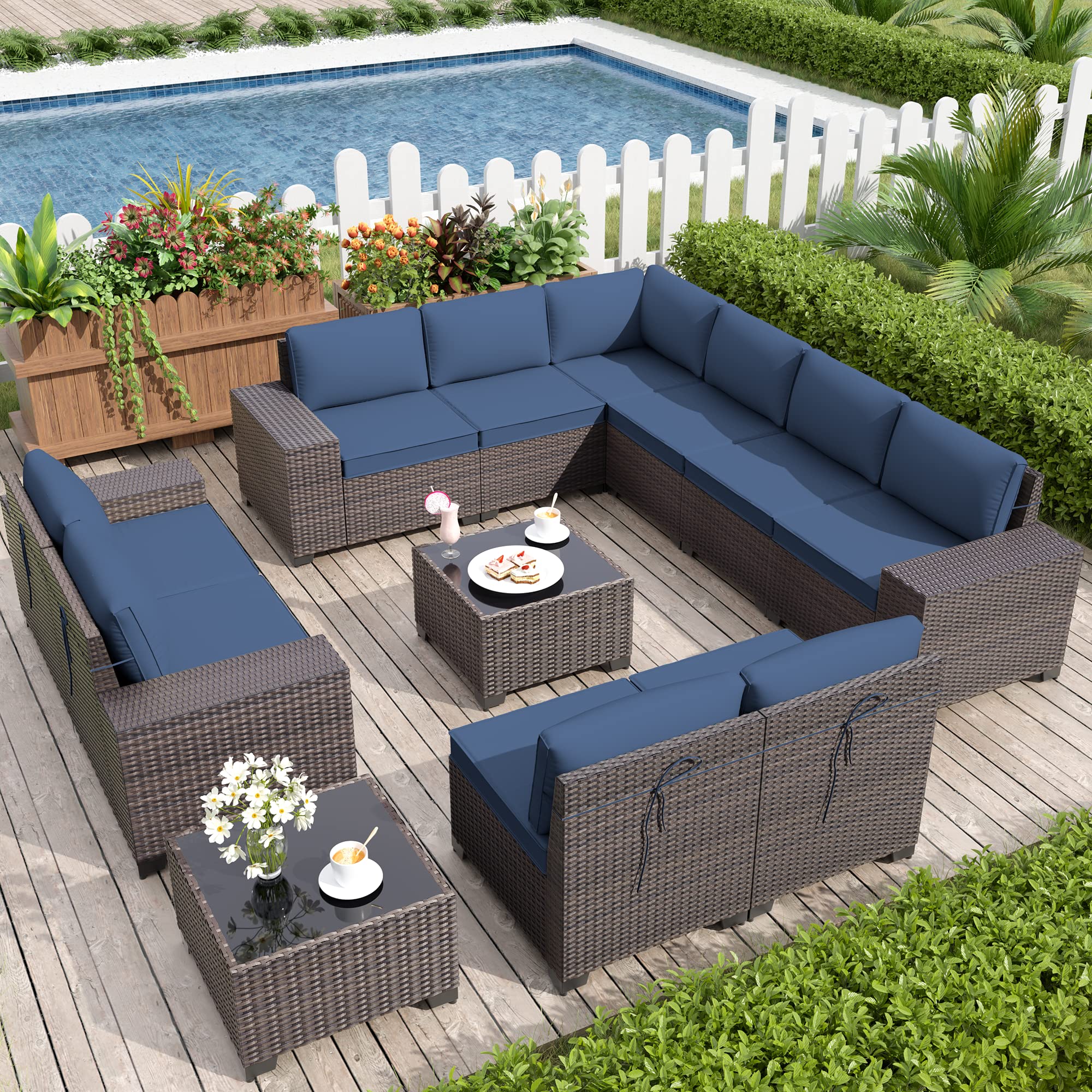 Delnavik Patio Furniture Set Sofa 12-Pieces Wicker Sectional Sofa Set, Outdoor Furniture Rattan Patio Conversation Set with Thickened Cushions and Glass Coffee Table, Navy Blue
