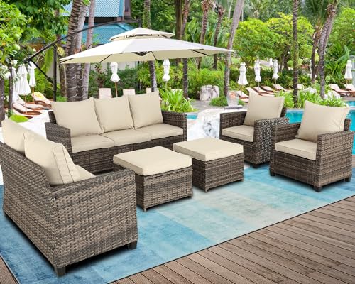 Furnimy Patio Furniture Set Rattan Outdoor Sectional Conversation Sets 3-Seat Outdoor Couch,2 Single Chair 1 Loveseat and 2 Ottoman for Lawn Balcony Garden Backyard (Gray-Tan, Set of 6)