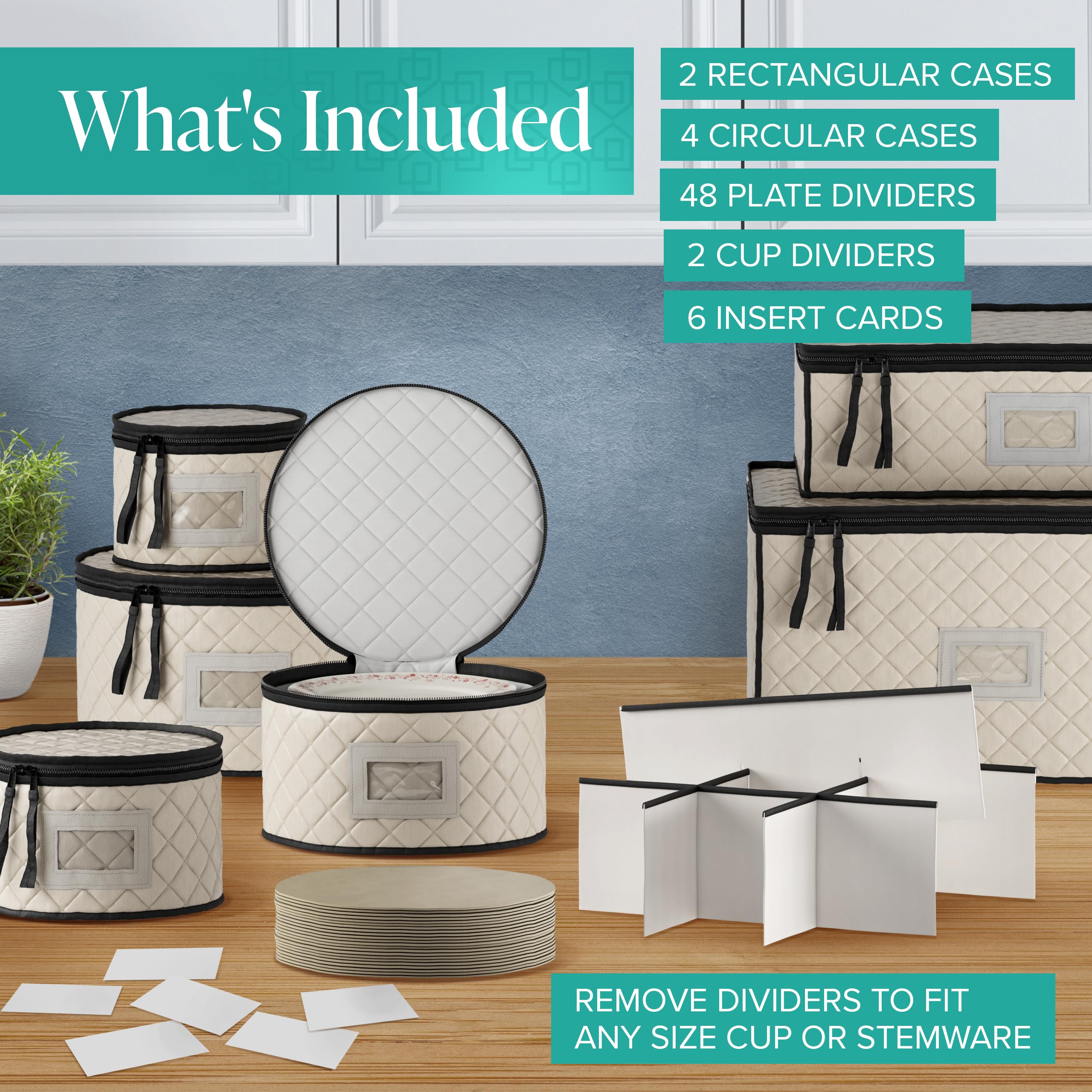 Woffit China Storage Containers - 6 Pack, Quilted Dinnerware & Stemware Set Bins for Packing Dishes and Glasses w/ 48 Felt Protectors - Essential Dish Supplies for Moving, Christmas, Seasonal Storage 