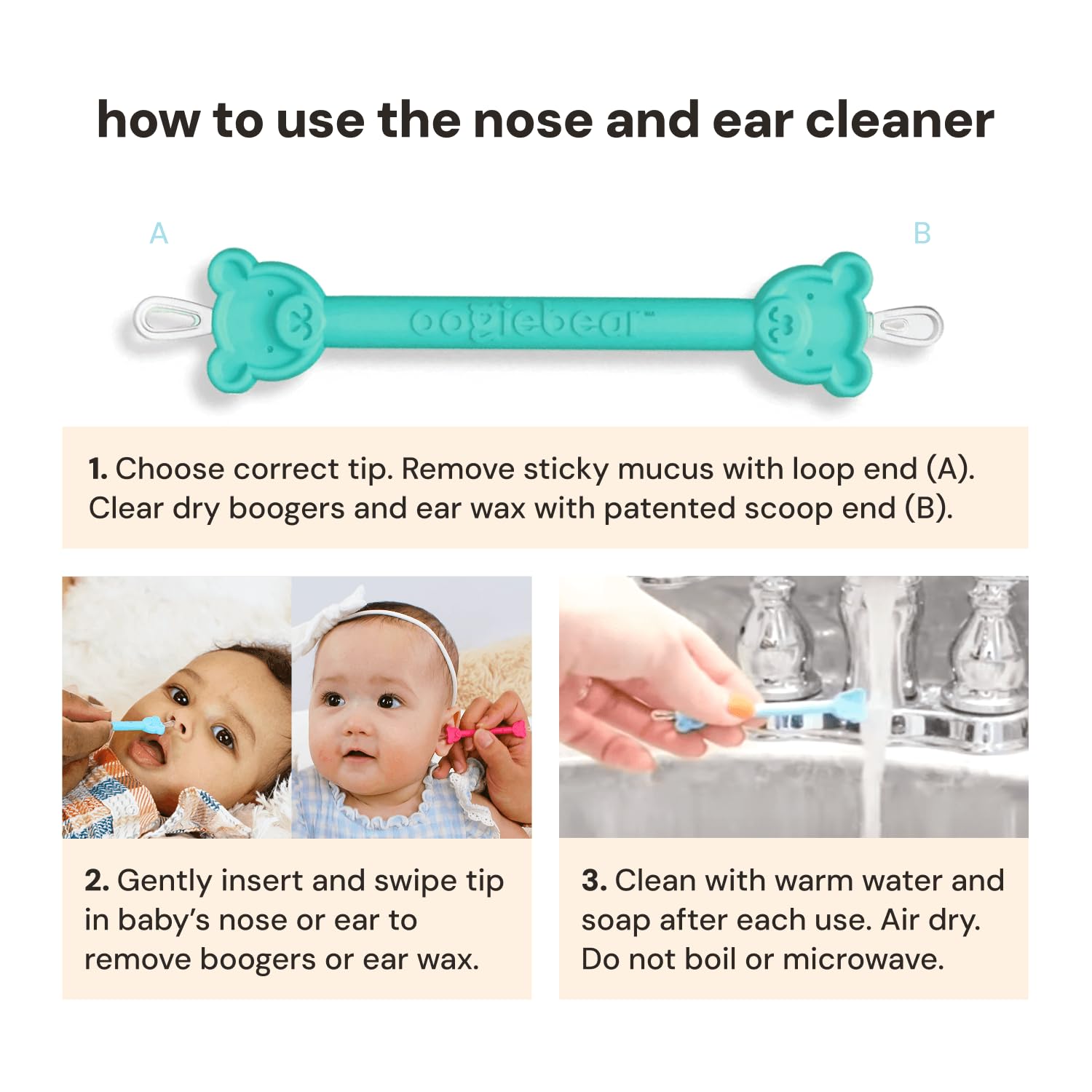 oogiebear - Nose and Ear Gadget. Safe, Easy Nasal Booger and Ear Cleaner for Newborns and Infants. Dual Earwax and Snot Remover - 2 Pack with Case - Orange and Seafoam