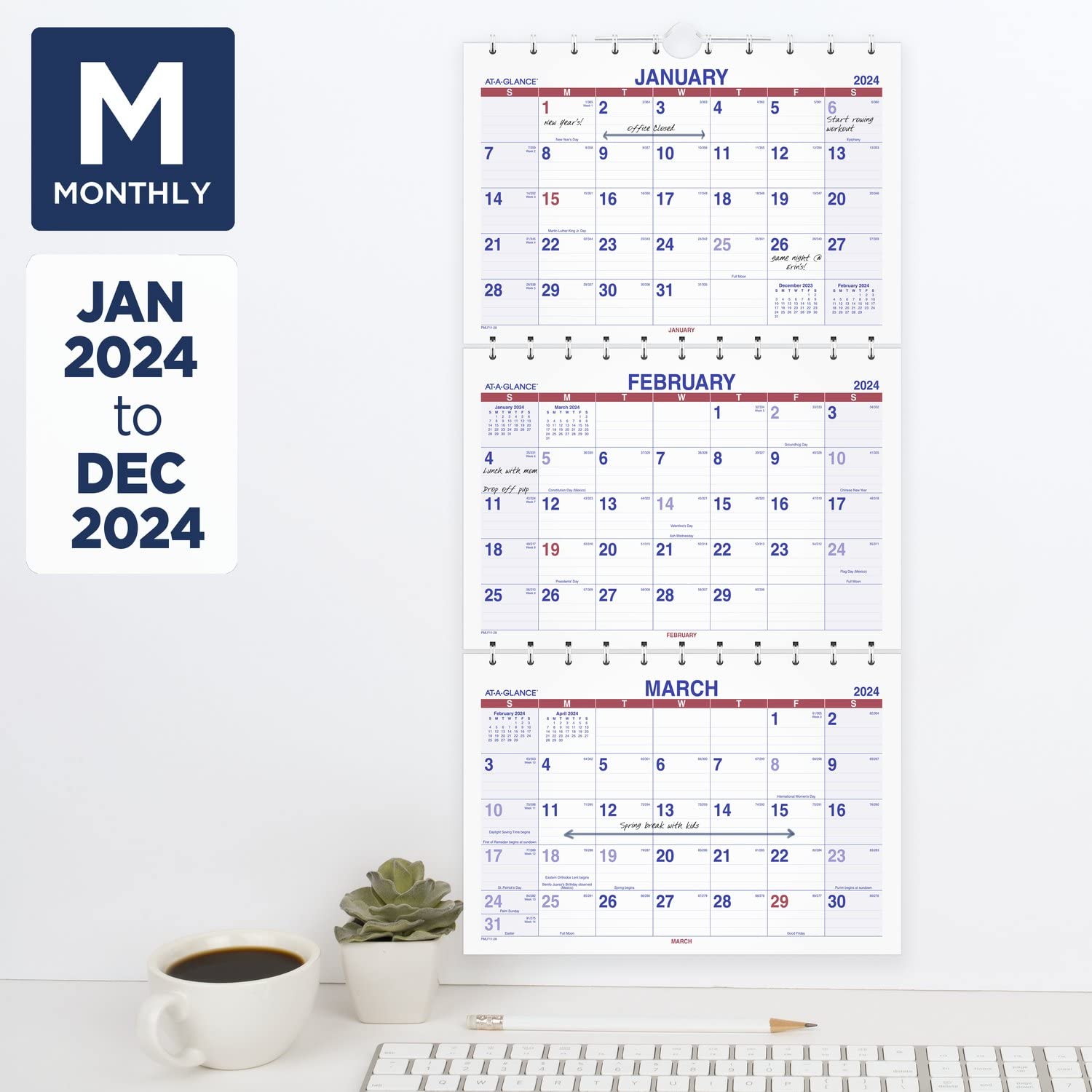 AT-A-GLANCE 2024 Wall Calendar, 12" x 26-1/2", Large, Three-Month, Move-A-Page (PMLF112824)