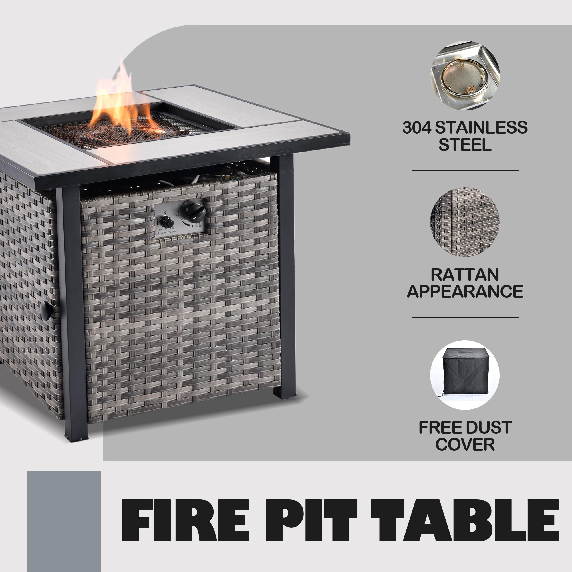 CAODOC 4 Pieces Wicker Patio Furniture Set,PE Rattan Outdoor Conversation Sofa Set with 30inch Fire Pit Table, Non-Slip Cushions and Swivel Chair(Grey)