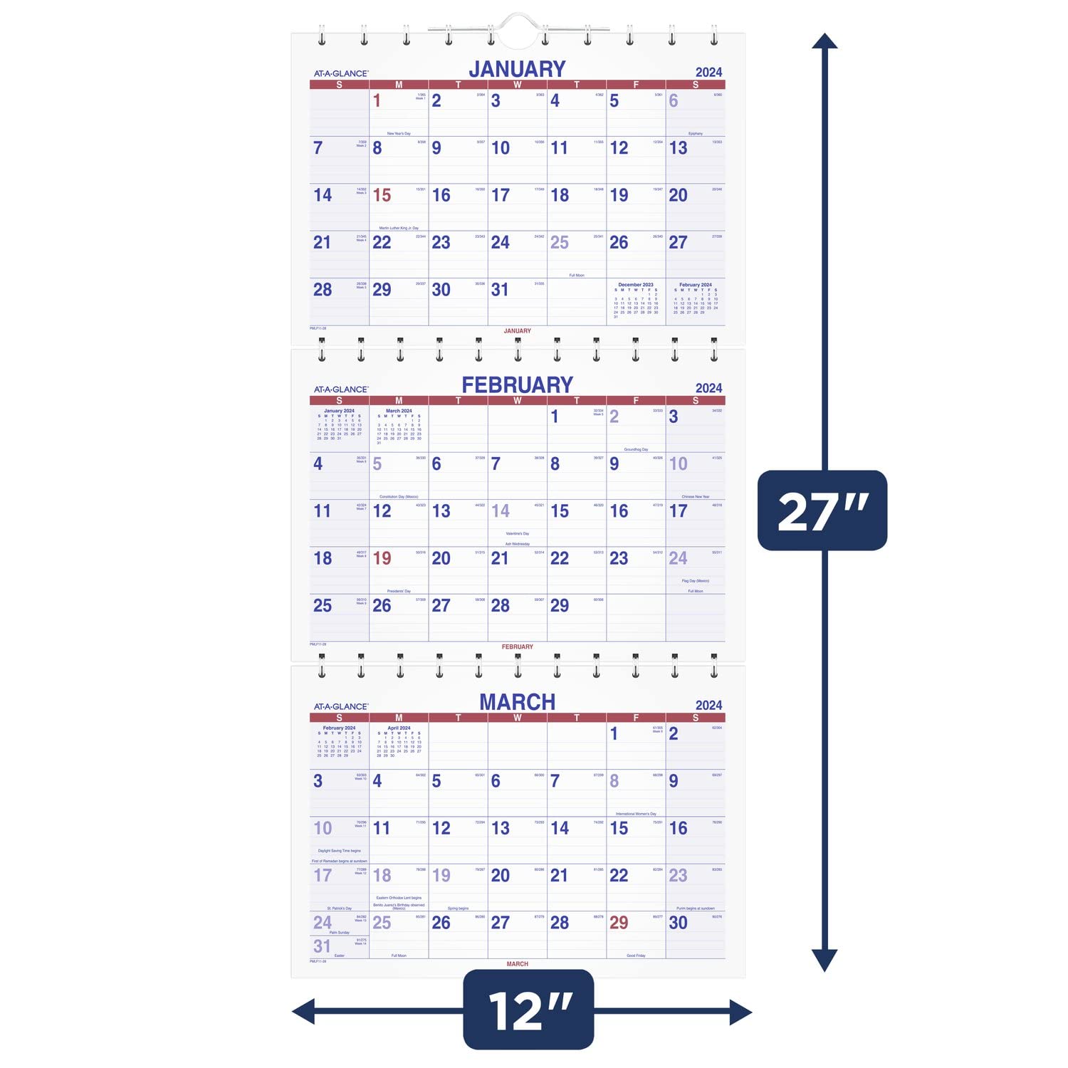AT-A-GLANCE 2024 Wall Calendar, 12" x 26-1/2", Large, Three-Month, Move-A-Page (PMLF112824)