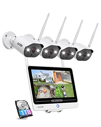 ZOSI 2K 8CH All in one Wireless Security Camera System with 12.5 inch LCD Monitor,4pcs 3MP WiFi IP Spotlight Cameras Outdoor Indoor,Color Night Vision,Two-Way Audio,1TB HDD for Home 24/7 Recording