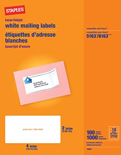 Staples 18060Ct Inkjet/Laser Shipping Labels, 10 Labels/Sheet, White 2Hx4w, 1000 Labels/Bx, 10 Bx/Ct