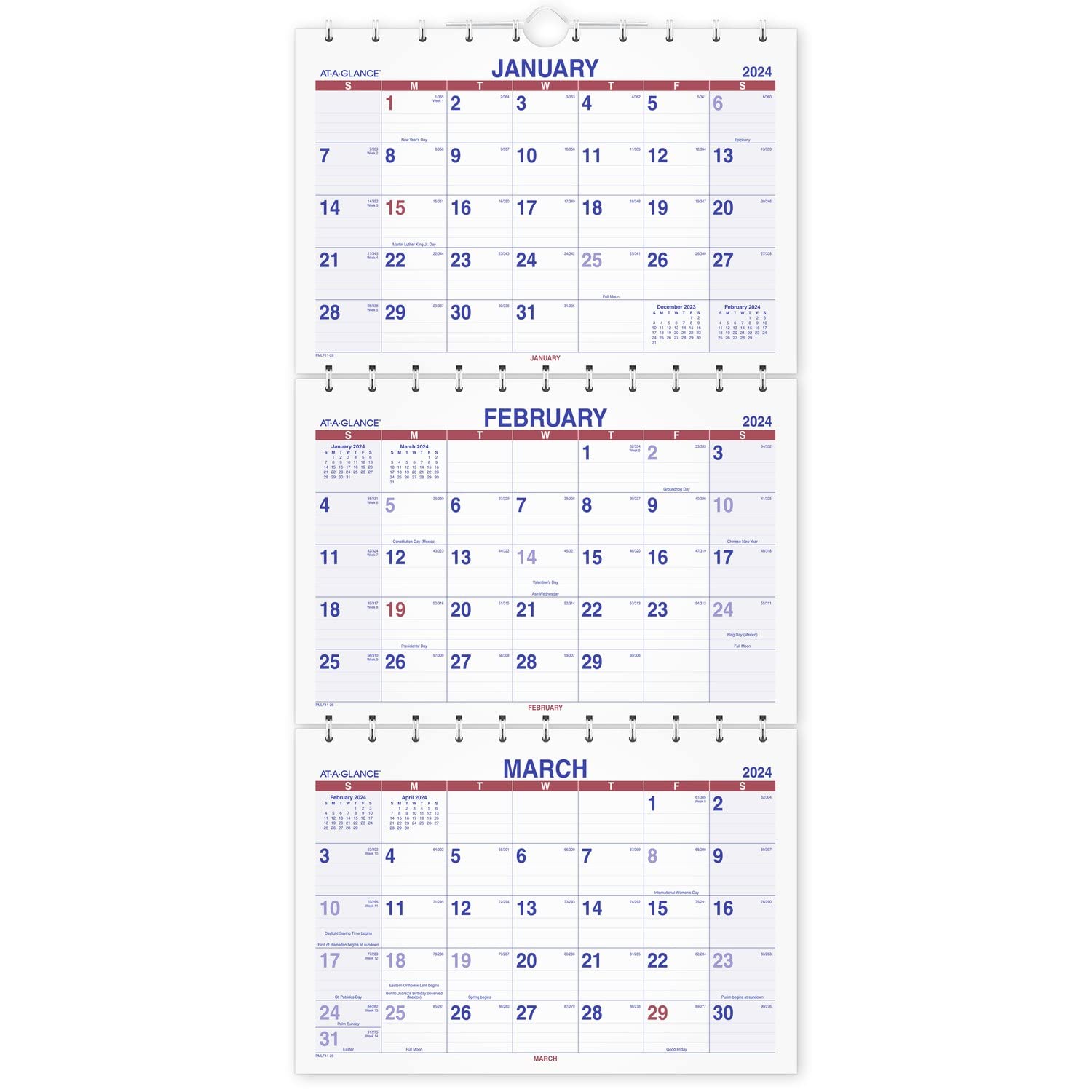 AT-A-GLANCE 2024 Wall Calendar, 12" x 26-1/2", Large, Three-Month, Move-A-Page (PMLF112824)