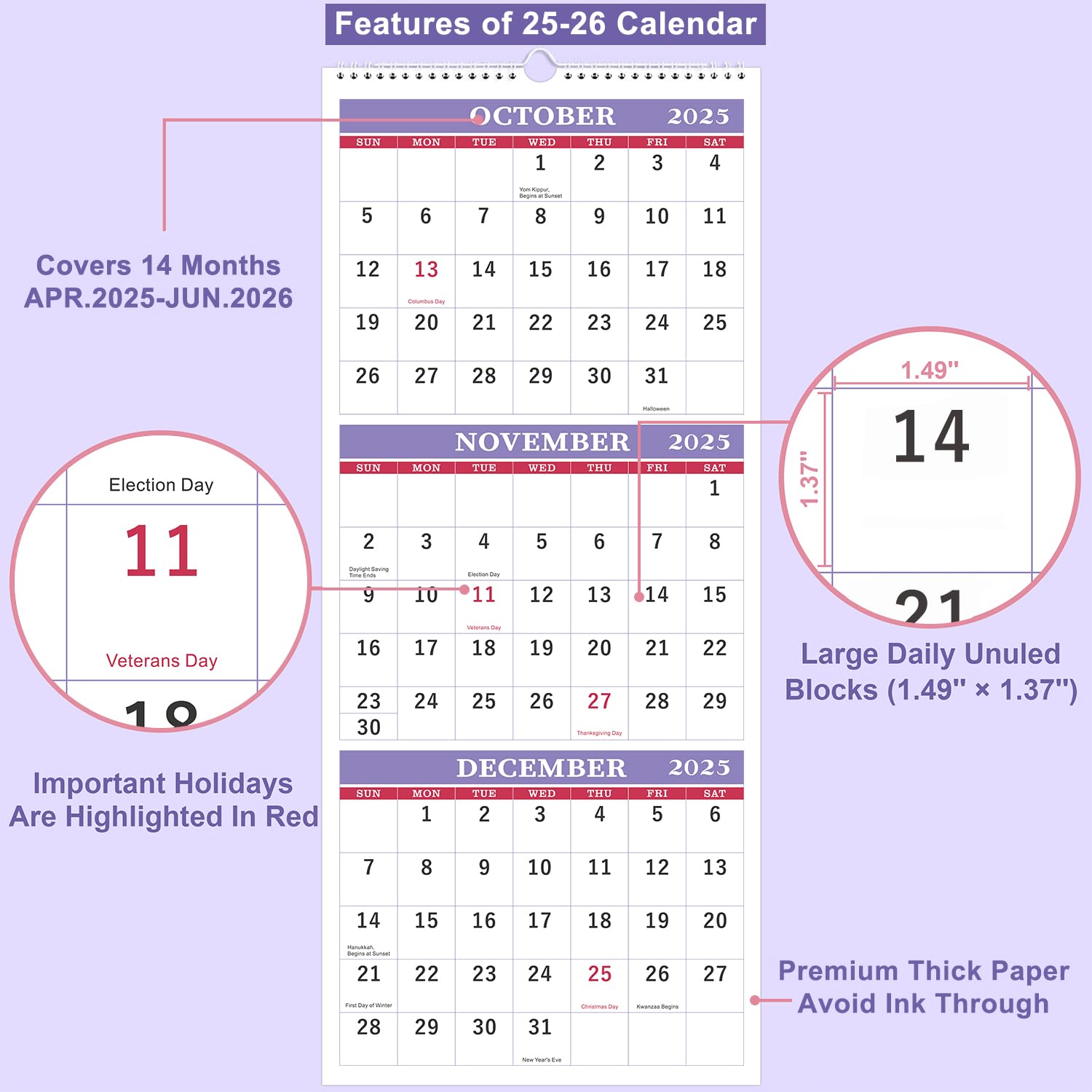 2025-2026 Wall Calendar - 3 Month Wall Calendar Display (Folded in a Month), May 2025 - June 2026, 11.25" x 26", 3 Month Calendar 2025-2026 - Purple
