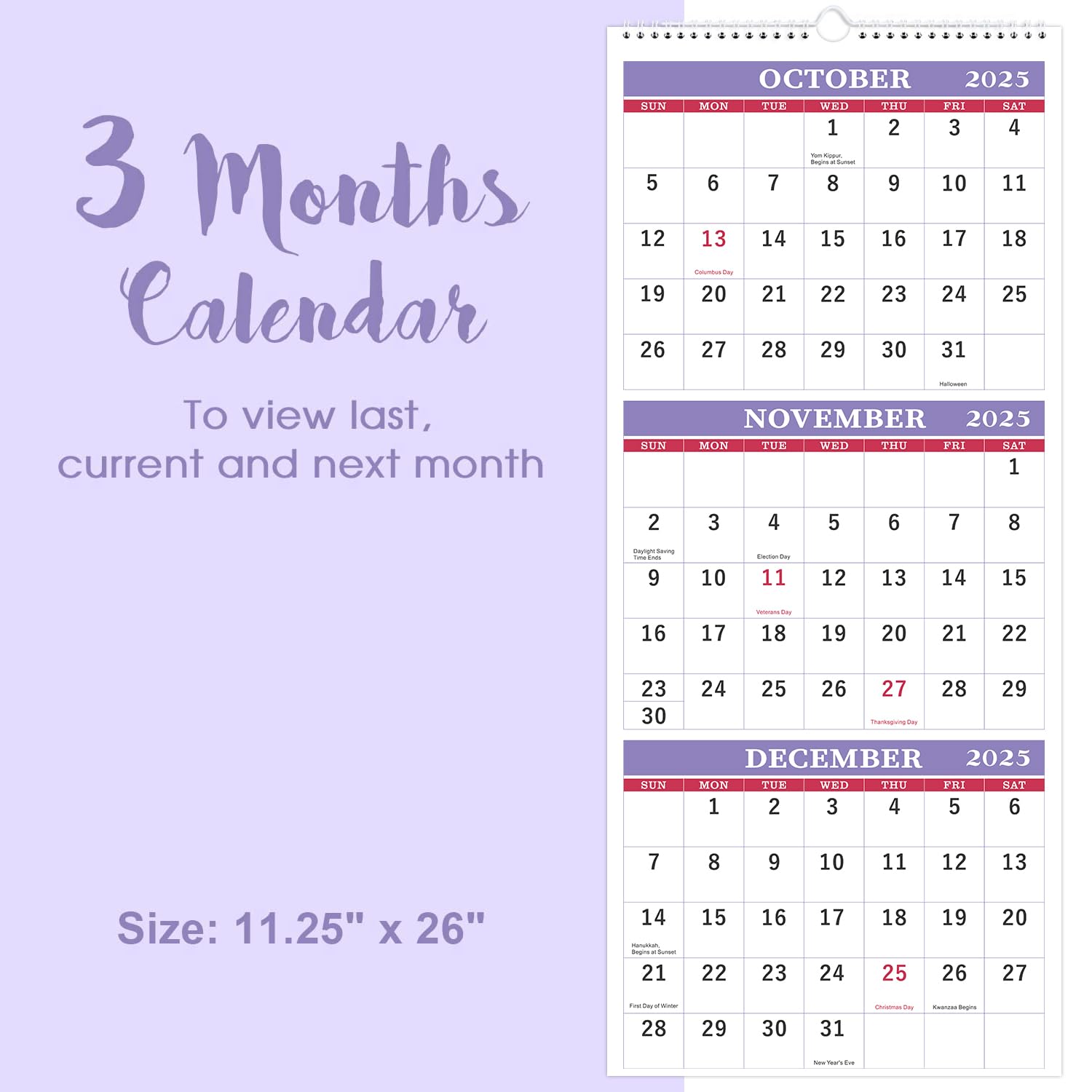 2025-2026 Wall Calendar - 3 Month Wall Calendar Display (Folded in a Month), May 2025 - June 2026, 11.25" x 26", 3 Month Calendar 2025-2026 - Purple