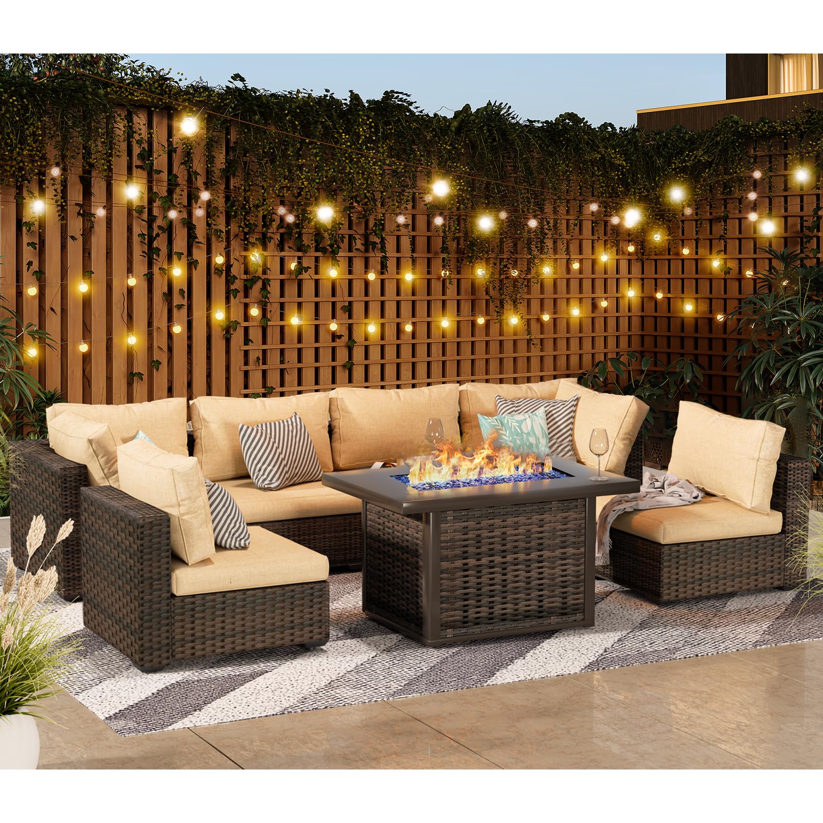 Grezone Patio Furniture Sets 7 Pieces with Fire Pit Table Patio Sectional Outdoor Furniture Patio Sofa Chairs Set PE Rattan Wicker Couch Conversation Set with No-Slip Cushions Waterproof Covers Beige