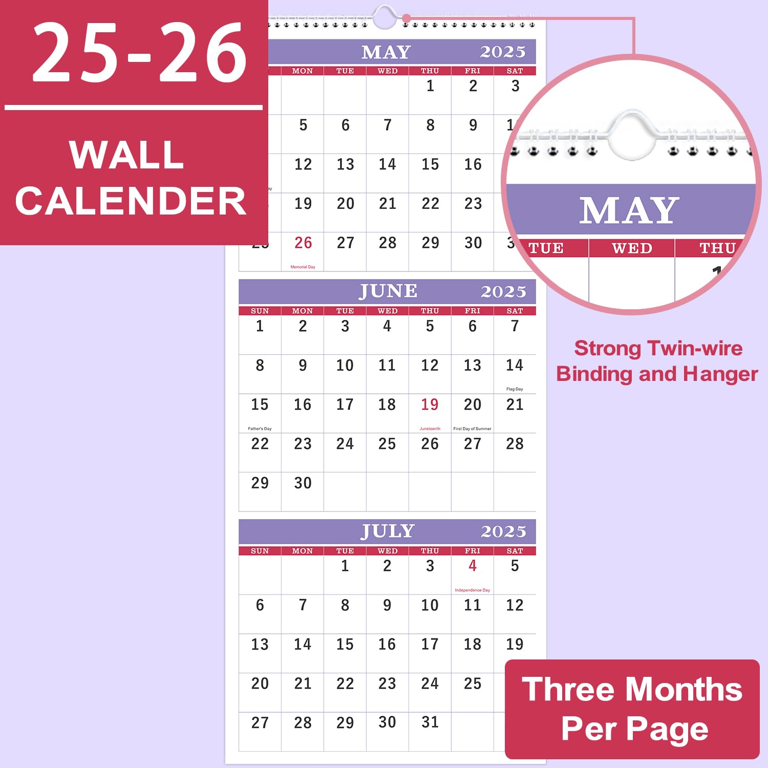 2025-2026 Wall Calendar - 3 Month Wall Calendar Display (Folded in a Month), May 2025 - June 2026, 11.25" x 26", 3 Month Calendar 2025-2026 - Purple