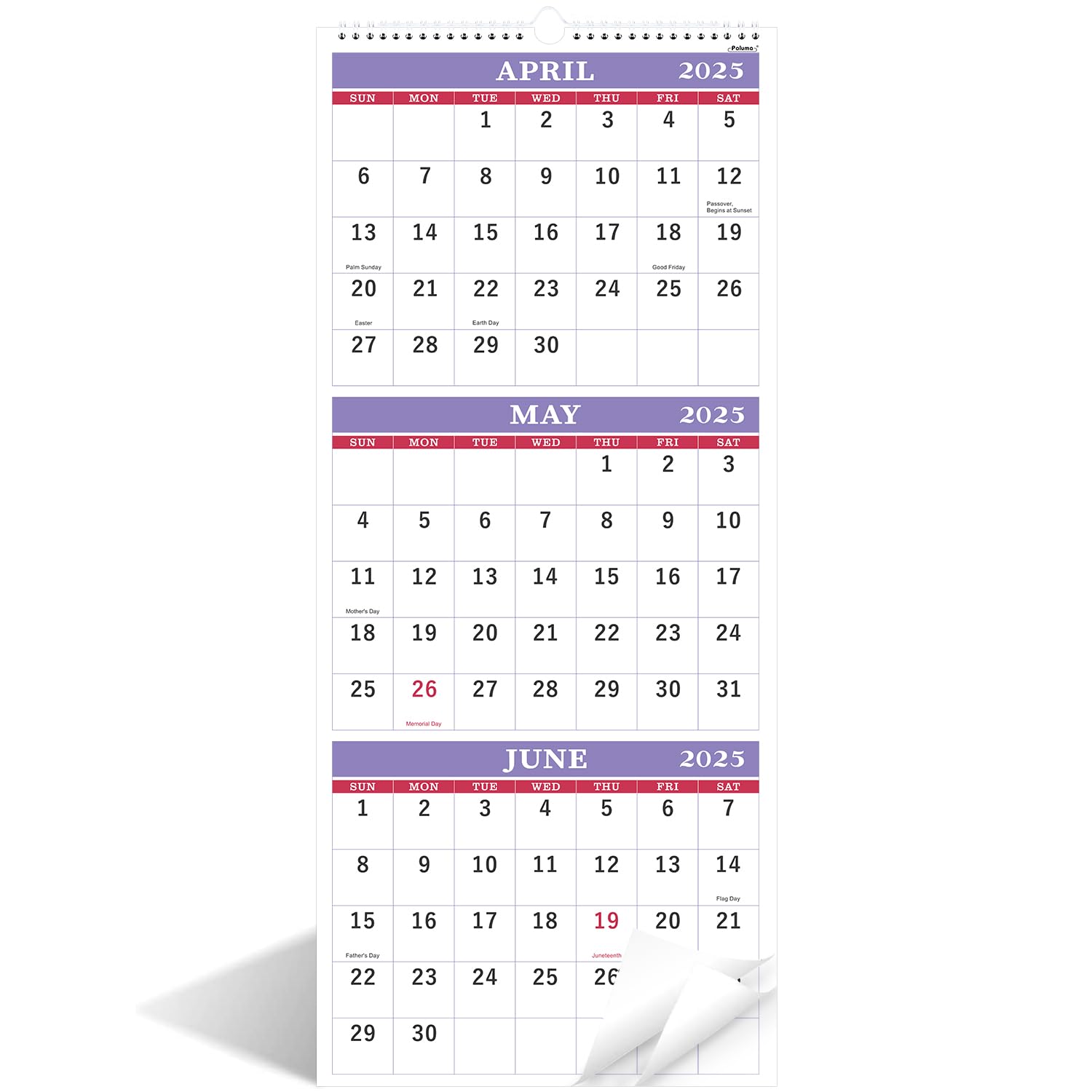 2025-2026 Wall Calendar - 3 Month Wall Calendar Display (Folded in a Month), May 2025 - June 2026, 11.25" x 26", 3 Month Calendar 2025-2026 - Purple