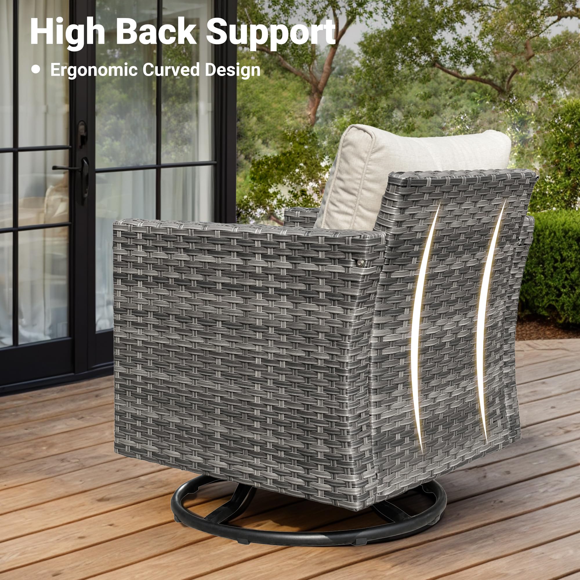 ovios 7 Pieces Patio Furniture Set with Rectangular Fire Pit Table, Swivel Rocking Chairs, Outdoor High Back Wicker Rattan Conversation Set for Deck Porch, Beige