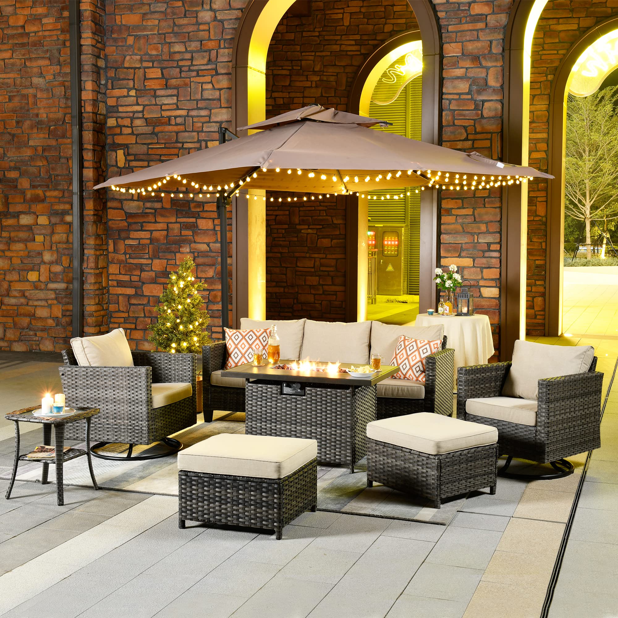 ovios 7 Pieces Patio Furniture Set with Rectangular Fire Pit Table, Swivel Rocking Chairs, Outdoor High Back Wicker Rattan Conversation Set for Deck Porch, Beige