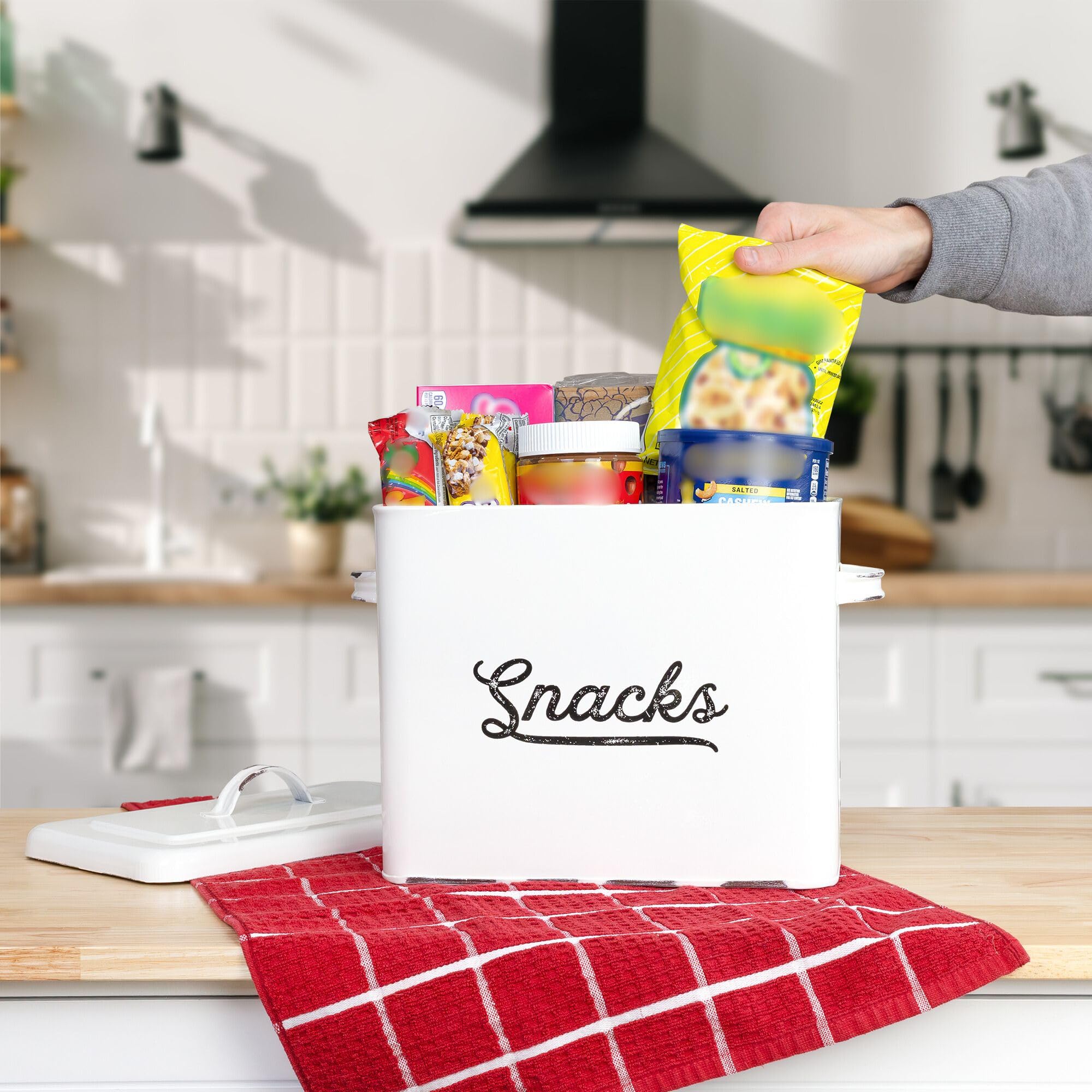 AuldHome Rustic Snack Bin, White Enamelware Snack Container Perfect for Single Serving Snacks