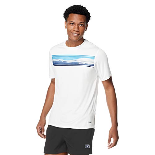 Speedo mens Uv Swim Graphic Short Sleeve Tee Rash Guard Shirt, Wave Bright White, X-Large