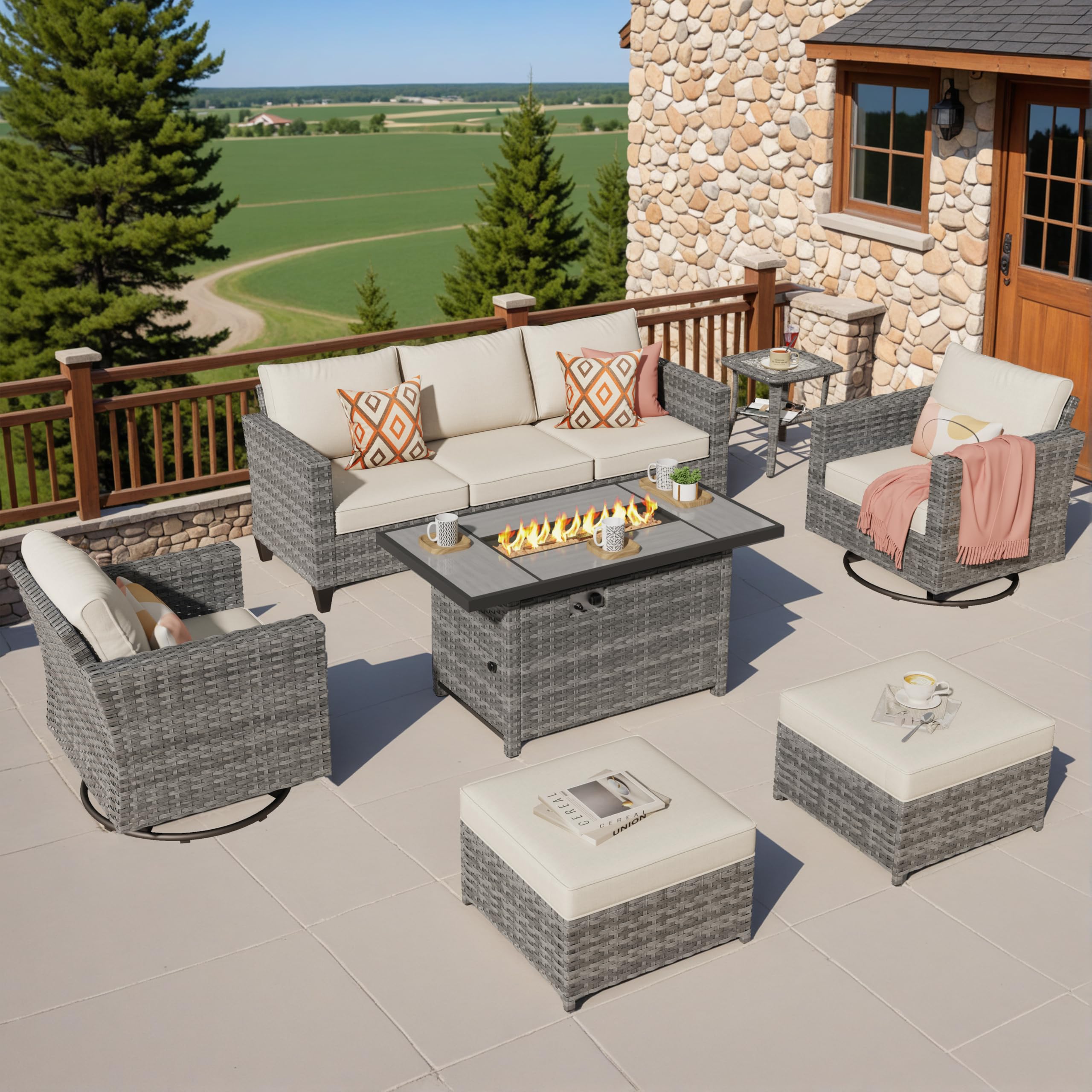 ovios 7 Pieces Patio Furniture Set with Rectangular Fire Pit Table, Swivel Rocking Chairs, Outdoor High Back Wicker Rattan Conversation Set for Deck Porch, Beige