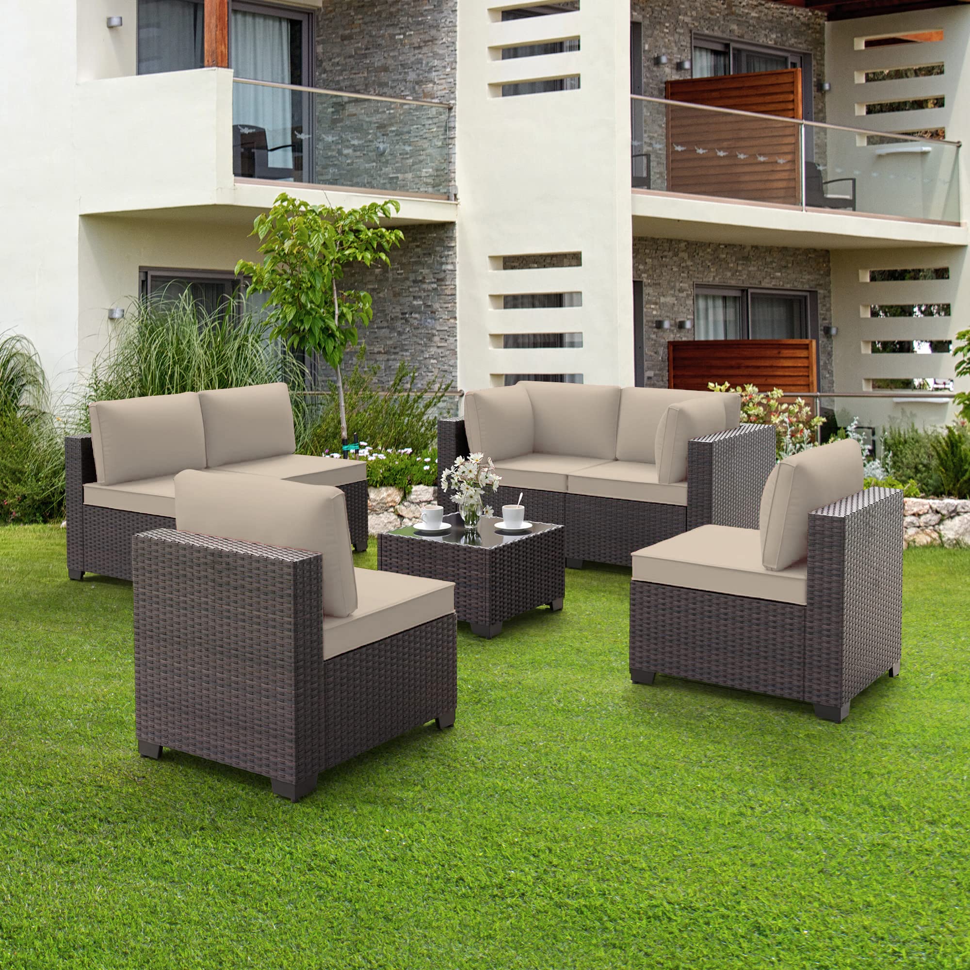Grezone Patio Furniture Set 7 Piece Outdoor Wicker Sectional Sofa - All Weather PE Rattan Couch Conversation Set with Cushion & Glass Top Table for Backyard Deck Porch,Beige