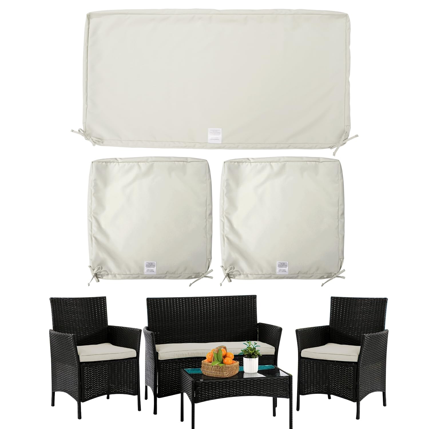 ClawsCover 3Pack Outdoor Seat Cushions Replacement Covers Fit for 4 Pieces Wicker Rattan Furniture Patio Conversation Set Loveseat Chair,38x19x2,19x19x2,Cream-Large (Include Cover Only)