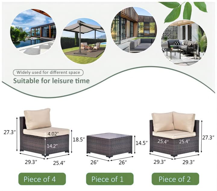 Grezone Patio Furniture Set 7 Piece Outdoor Wicker Sectional Sofa - All Weather PE Rattan Couch Conversation Set with Cushion & Glass Top Table for Backyard Deck Porch,Beige