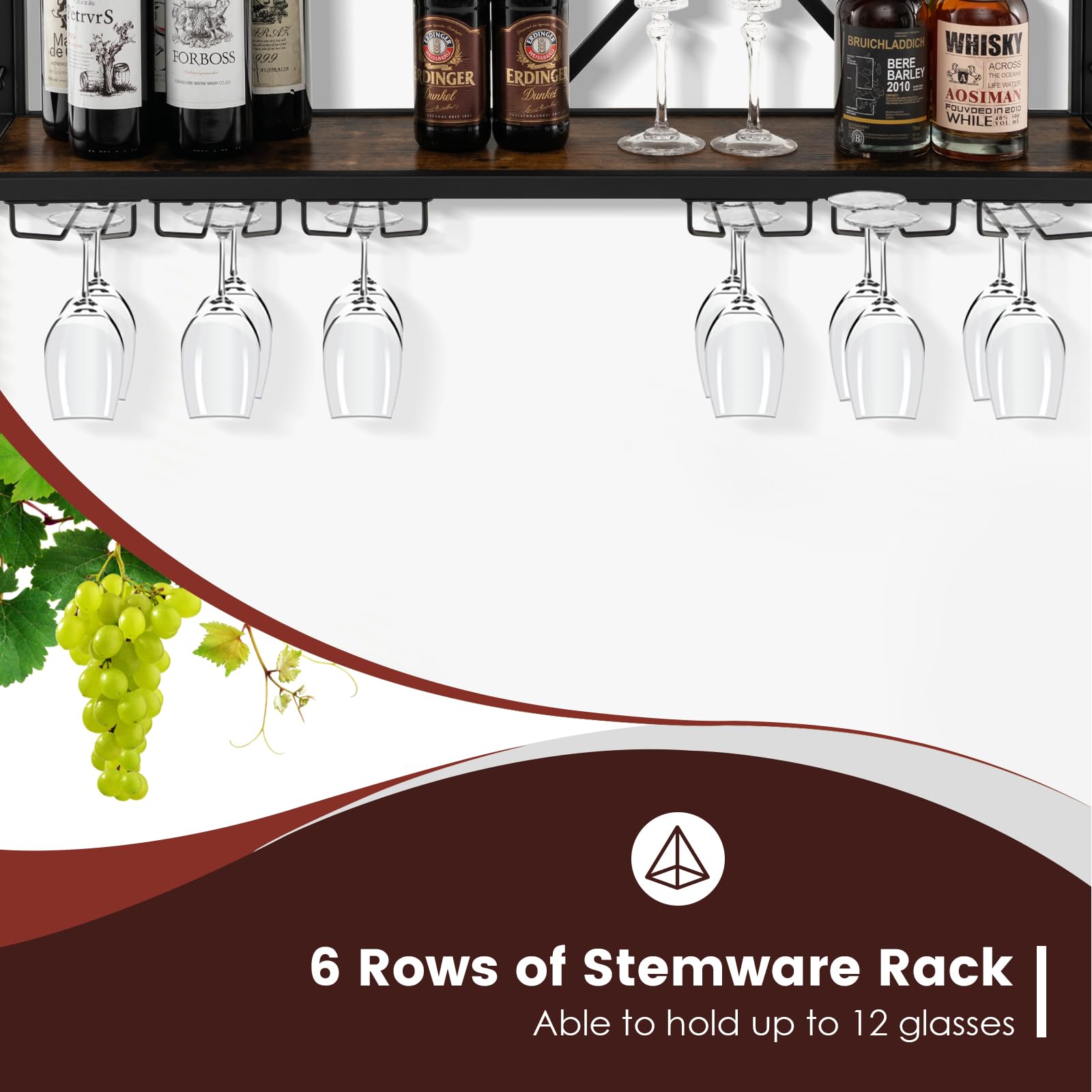 Giantex Industrial Wall Mounted Wine Rack, 39-Bottle Metal Wine Holder Wall with 12 Glass Holder, Hanging Wine Glass Rack Wall Mounted for Home Bar, Kitchen, Dining Room, Rustic Brown