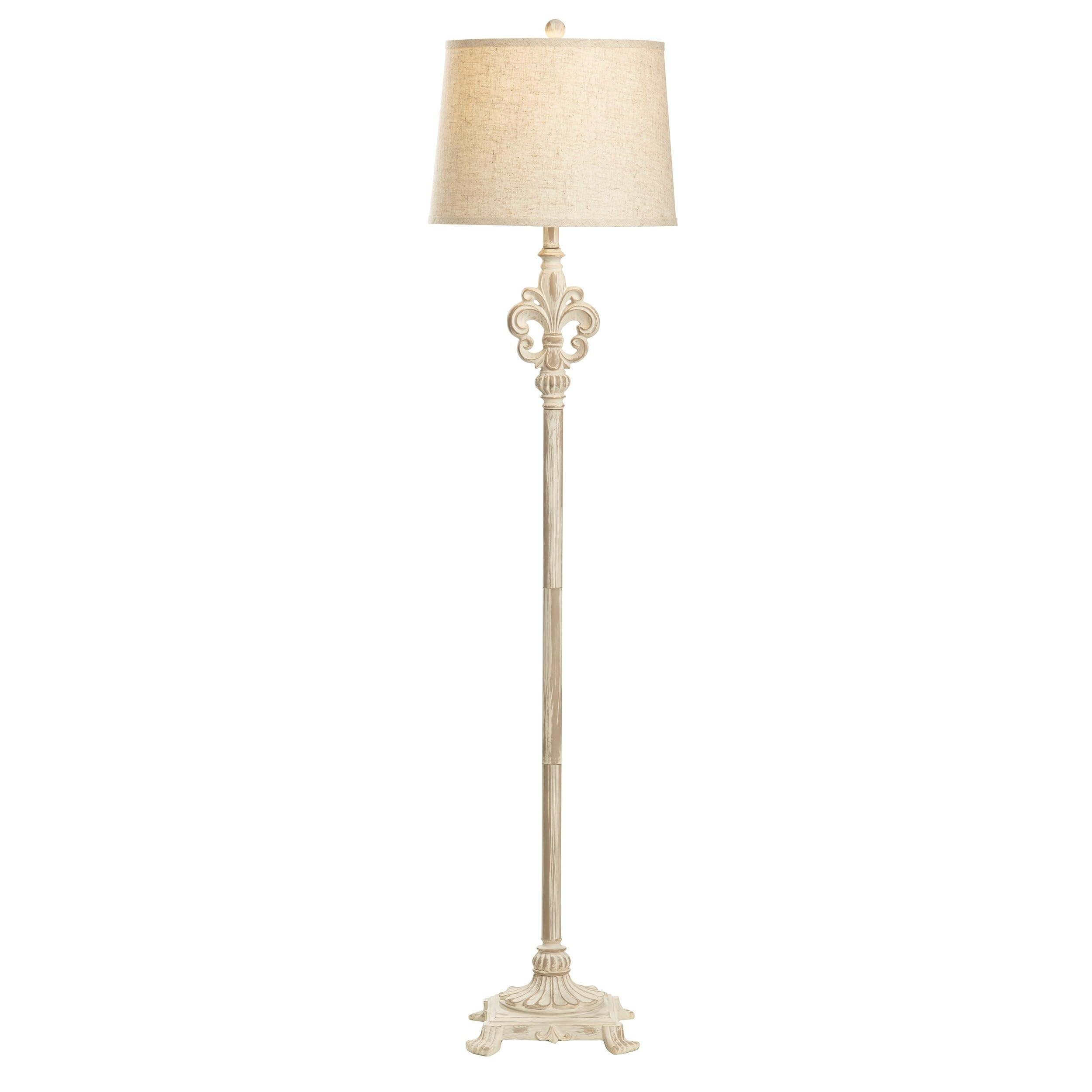 Crestview Collection Chandler 62.5 Inch Resin Distressed White Traditional Floor Lamp with Fleur-de-lis Detail for Home Office, Living Room and Bedroom