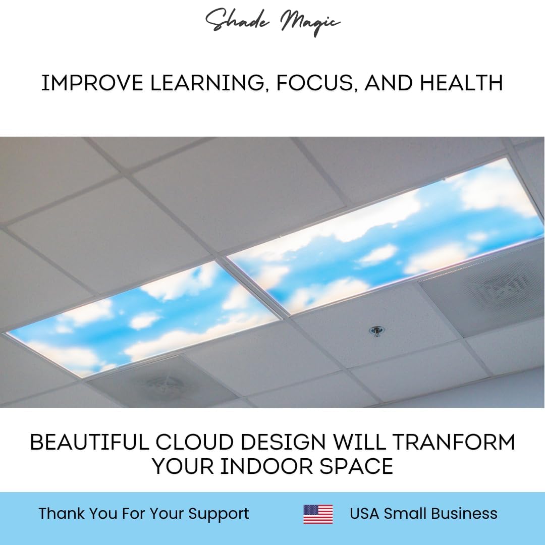ShadeMAGIC - 4 Pack of Fluorescent Light Covers - 2x4 Film Insert for Ceiling Light Diffuser Panels - Sky Clouds - for Classrooms and Offices - Decorative Lighting (4)