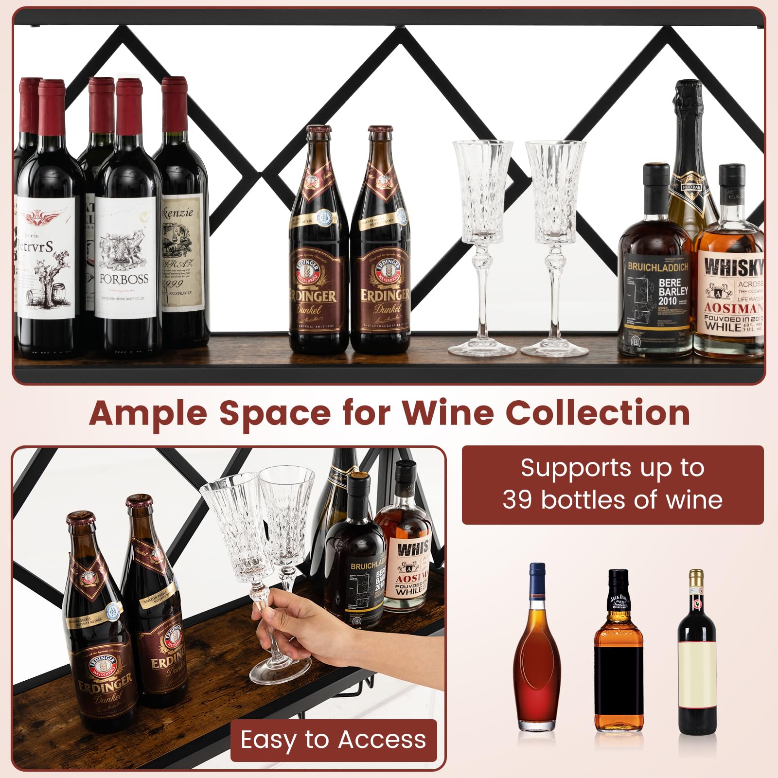 Giantex Industrial Wall Mounted Wine Rack, 39-Bottle Metal Wine Holder Wall with 12 Glass Holder, Hanging Wine Glass Rack Wall Mounted for Home Bar, Kitchen, Dining Room, Rustic Brown