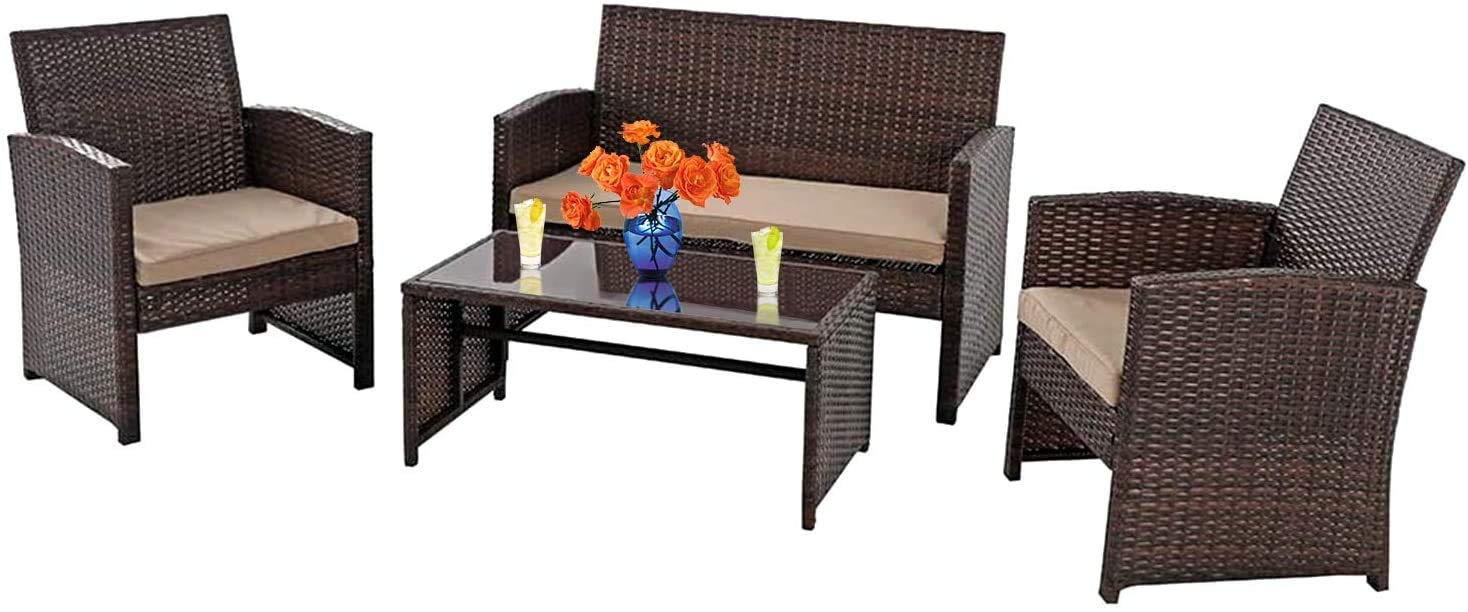 FDW Outdoor Patio Furniture Sets,4 Pieces Rattan Chair Sets Wicker Conversation Sets Lawn Chairs Porch Poolside Balcony Garden Outdoor Furniture,Brown