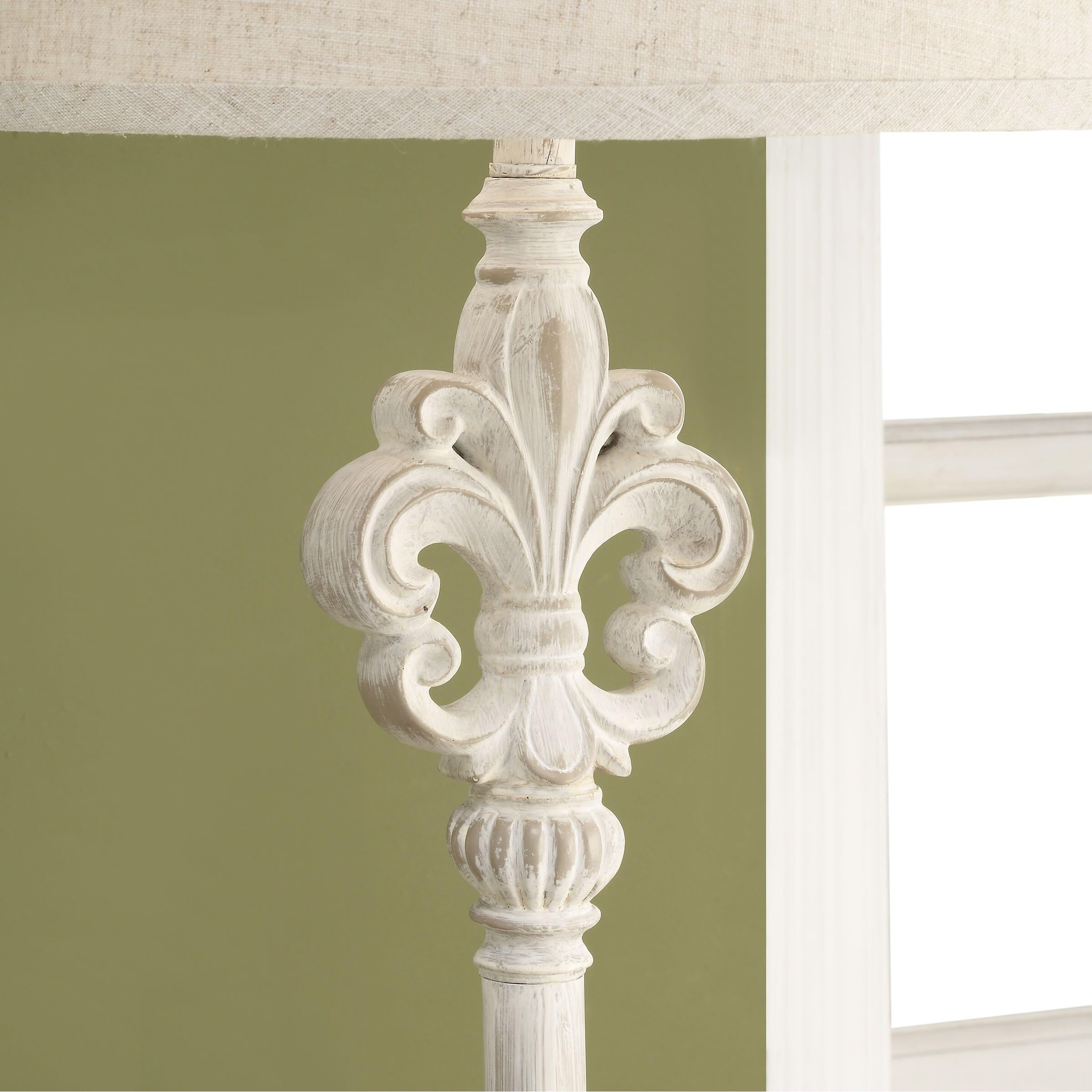 Crestview Collection Chandler 62.5 Inch Resin Distressed White Traditional Floor Lamp with Fleur-de-lis Detail for Home Office, Living Room and Bedroom