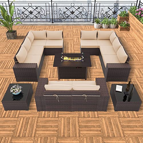 Grezone Patio Outdoor Furniture 13 Piece Set, All Weather Wicker Rattan Sofa for Backyard Lawn, Poolside Deck with Washable Cushions and Glass Coffee Table, Beige
