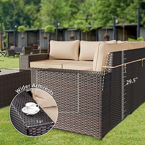 Grezone Patio Outdoor Furniture 13 Piece Set, All Weather Wicker Rattan Sofa for Backyard Lawn, Poolside Deck with Washable Cushions and Glass Coffee Table, Beige