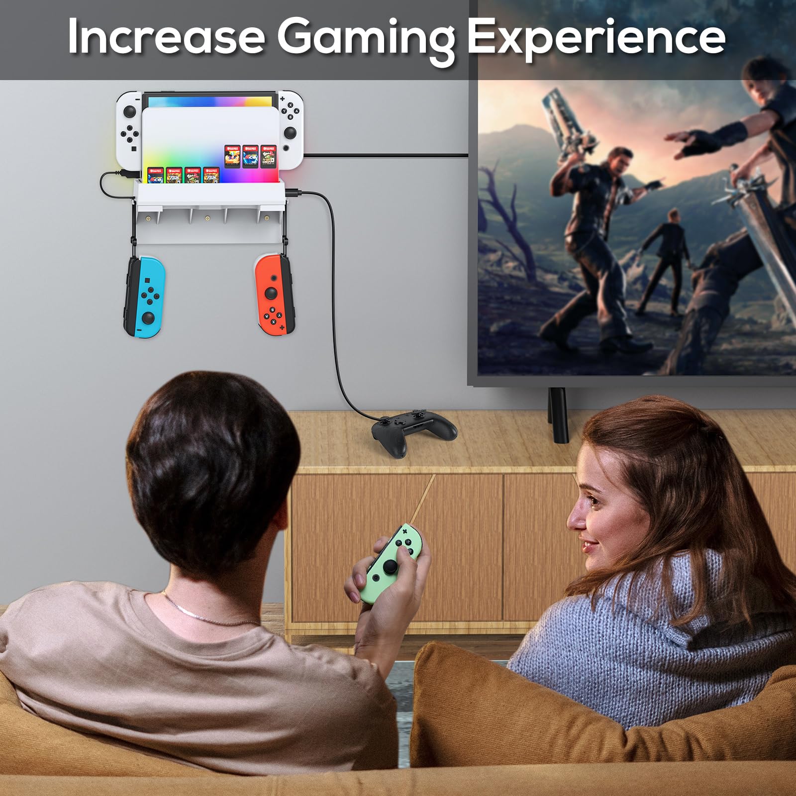 Switch Wall Mount for Nintendo Switch and Switch OLED,Games Console Wall Shelf with Light,Station Stand Holder for Charging Dock,7 Game Card Slots,4 Controller Accessories Kit Storage for Joy Con