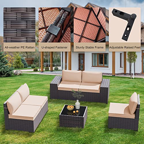 Grezone Patio Outdoor Furniture 13 Piece Set, All Weather Wicker Rattan Sofa for Backyard Lawn, Poolside Deck with Washable Cushions and Glass Coffee Table, Beige