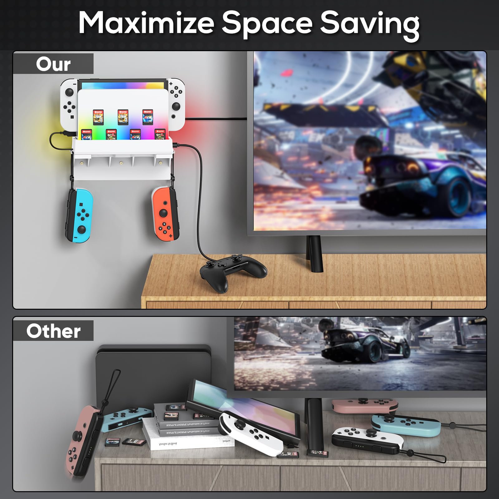 Switch Wall Mount for Nintendo Switch and Switch OLED,Games Console Wall Shelf with Light,Station Stand Holder for Charging Dock,7 Game Card Slots,4 Controller Accessories Kit Storage for Joy Con