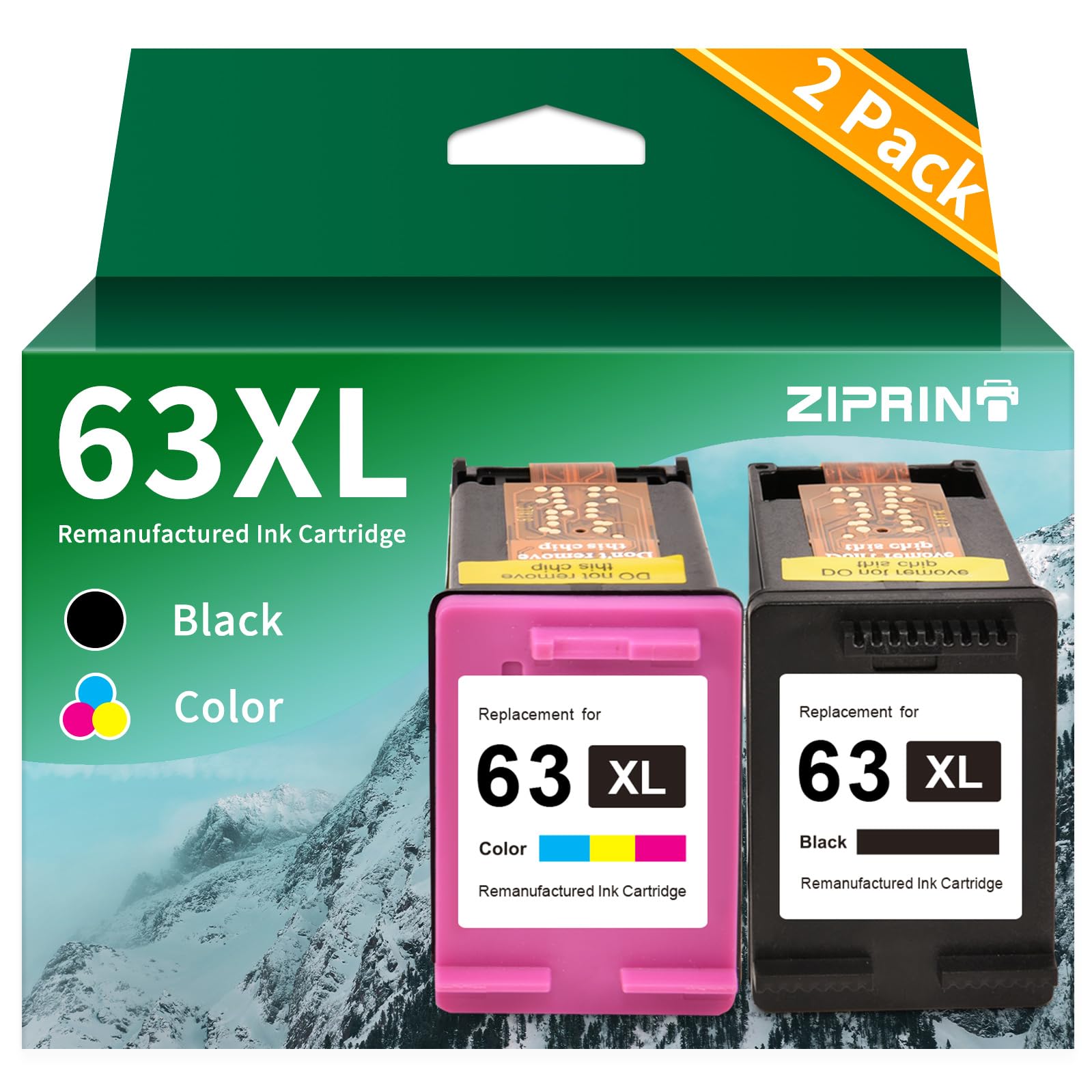 ZIPRINT Remanufactured Ink Cartridge Replacement for HP Ink 63 63XL for OfficeJet 3830 5255 5258 Envy 4520 4512 4513 4516 DeskJet 1112 1110 3630 3632 3634 2130 Printer(1Black,1Tri-Color)