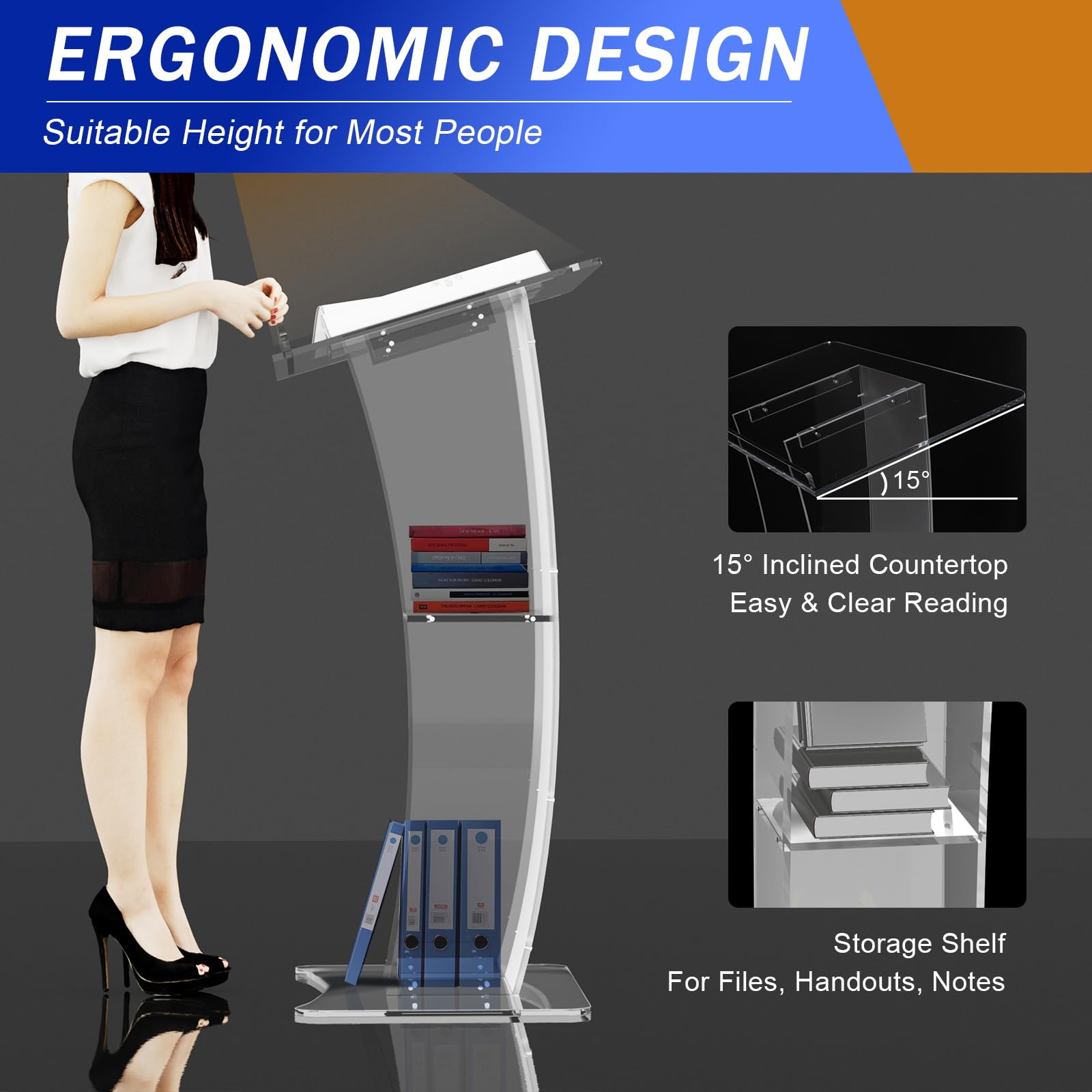 Slanted Podium Lectern Conference Pulpit Acrylic Podium Clear Transparent Church Lectern Pulpit Office Stand up Floor-Standing Podium Lectern (Type 3)
