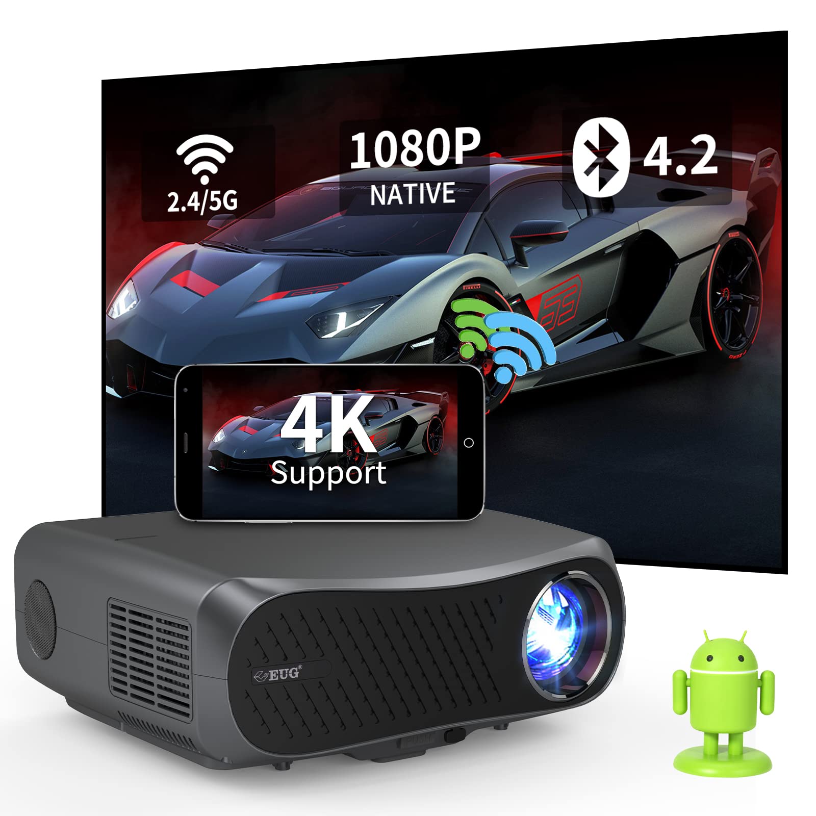 Native 1080P 2.4/5G WiFi Bluetooth Projector, 10000LM Ultra HD Outdoor Movie Projector Wireless iOS/Android Sync Screen & Zoom, 4K Home Theater Video Projector with HDMI/USB for Laptop DVD TV Stick PC