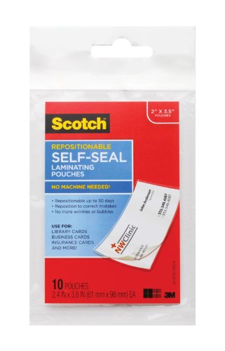 Scotch Repositionable Self-Seal Laminating 2.4 x 3.8 Inches Pouch, Business Card Size, 10 Pouches LSR851-10G)