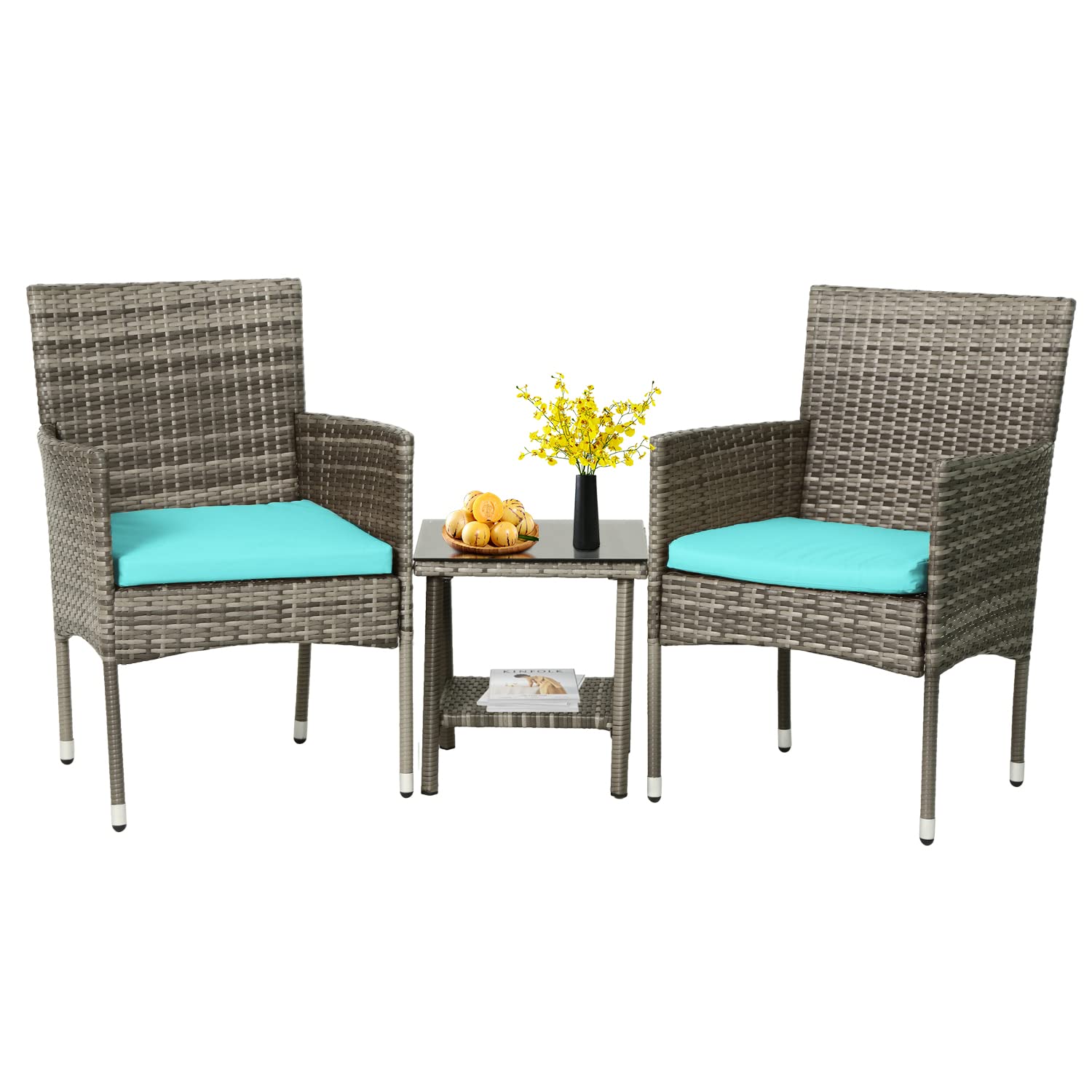 FDW 3 Piece Outdoor Furniture Set Patio Gray Wicker Chairs Furniture Bistro Conversation Set 2 Rattan Chairs with Blue Cushions and Glass Coffee Table for Porch Lawn Garden Balcony Backyard