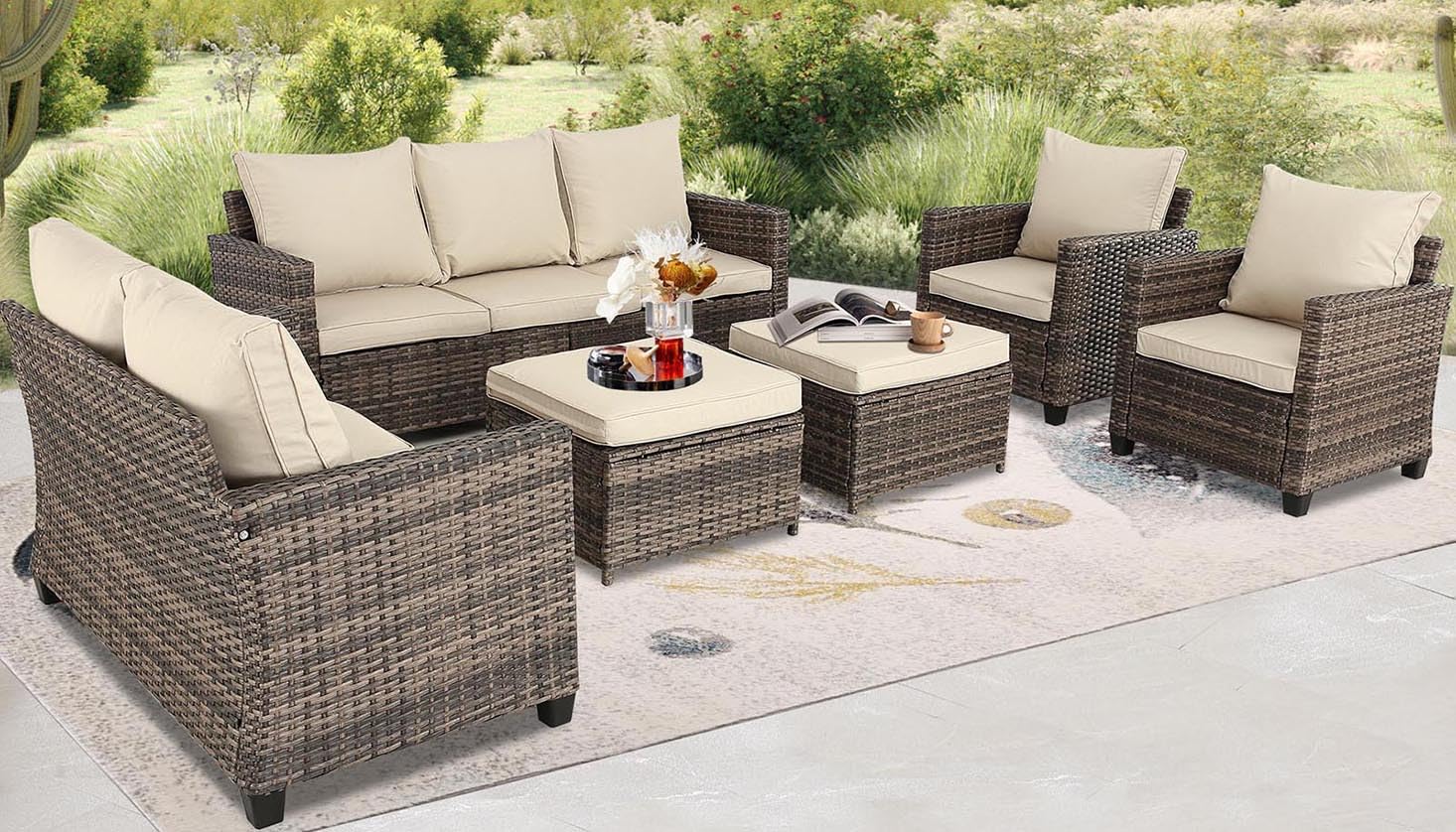 Furnivilla 6 Piece Patio Furniture Set Outdoor Patio Furniture Wicker Patio Set All Weather Wicker Rattan Patio Set Outdoor Sectional for Porch,Garden,Backyard (Brown-Grey)