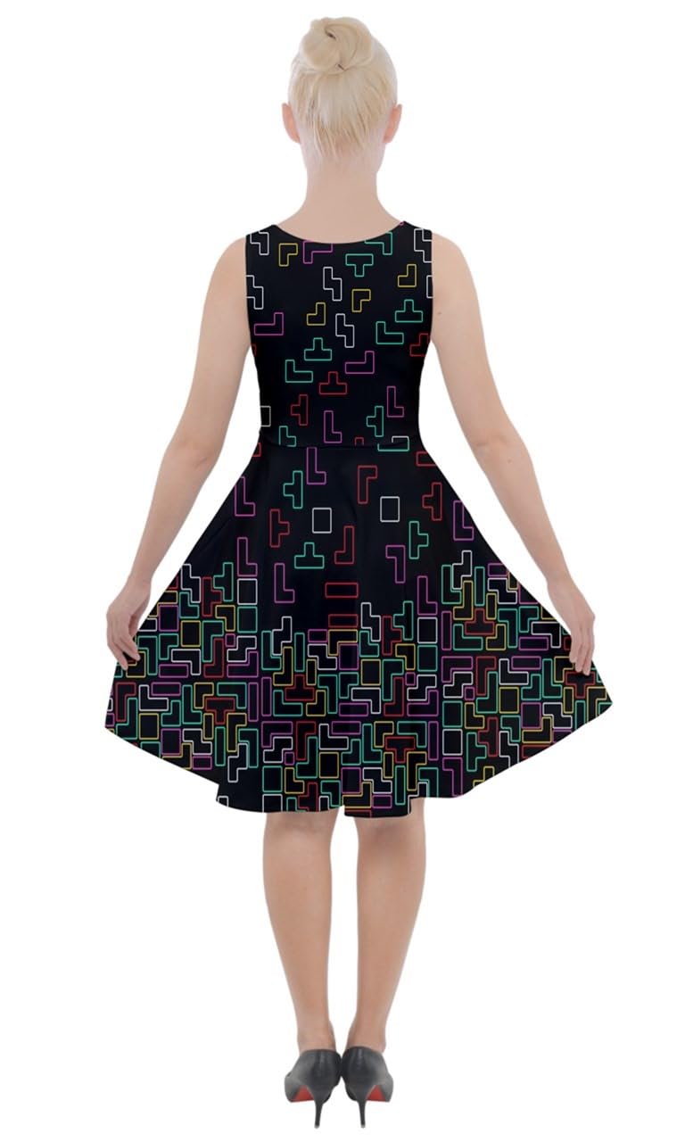 CowCow Womens Unique Game Console Print Knee Length Skater Dress Pockets - XL Black
