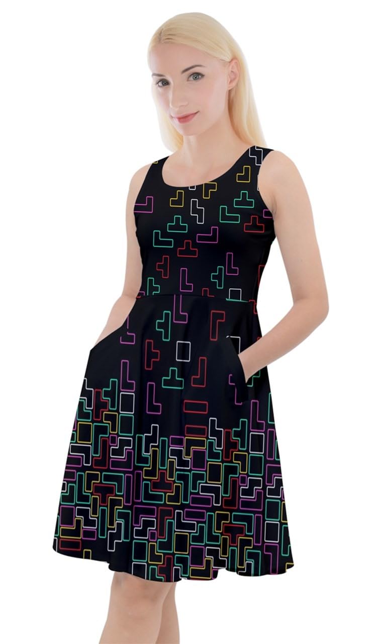 CowCow Womens Unique Game Console Print Knee Length Skater Dress Pockets - XL Black