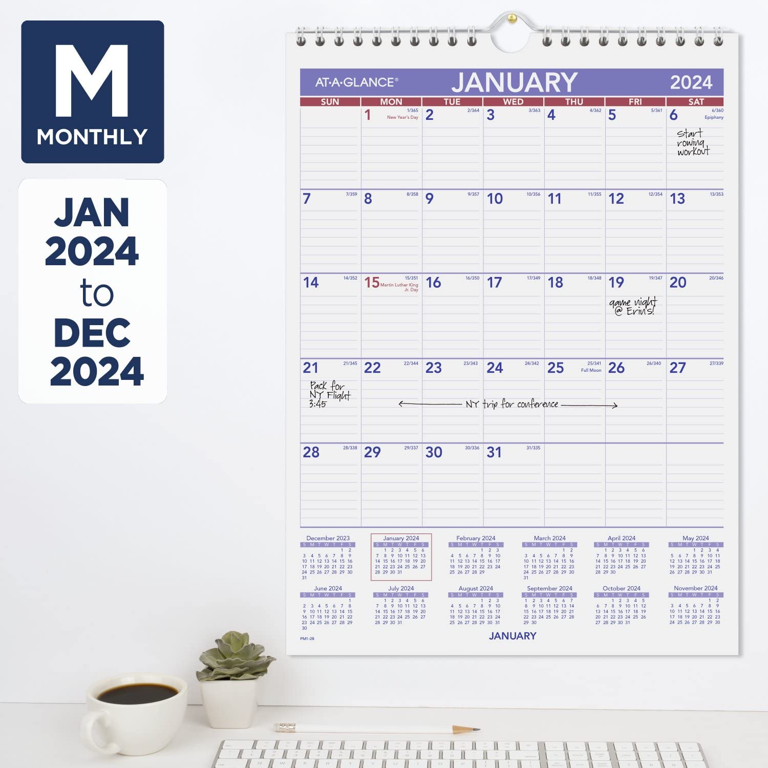 AT-A-GLANCE 2024 Wall Calendar, 8" x 11", Small, Ruled Blocks, Spiral Bound, Monthly (PM12824)